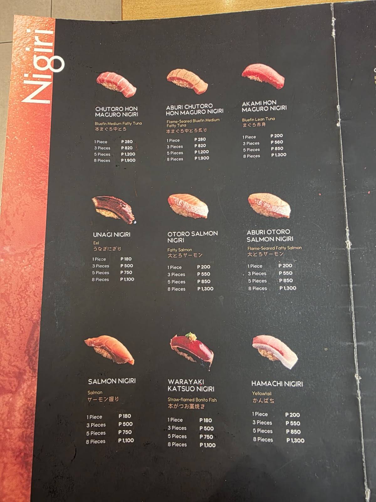 Menu at Nagi Sushi restaurant, Makati