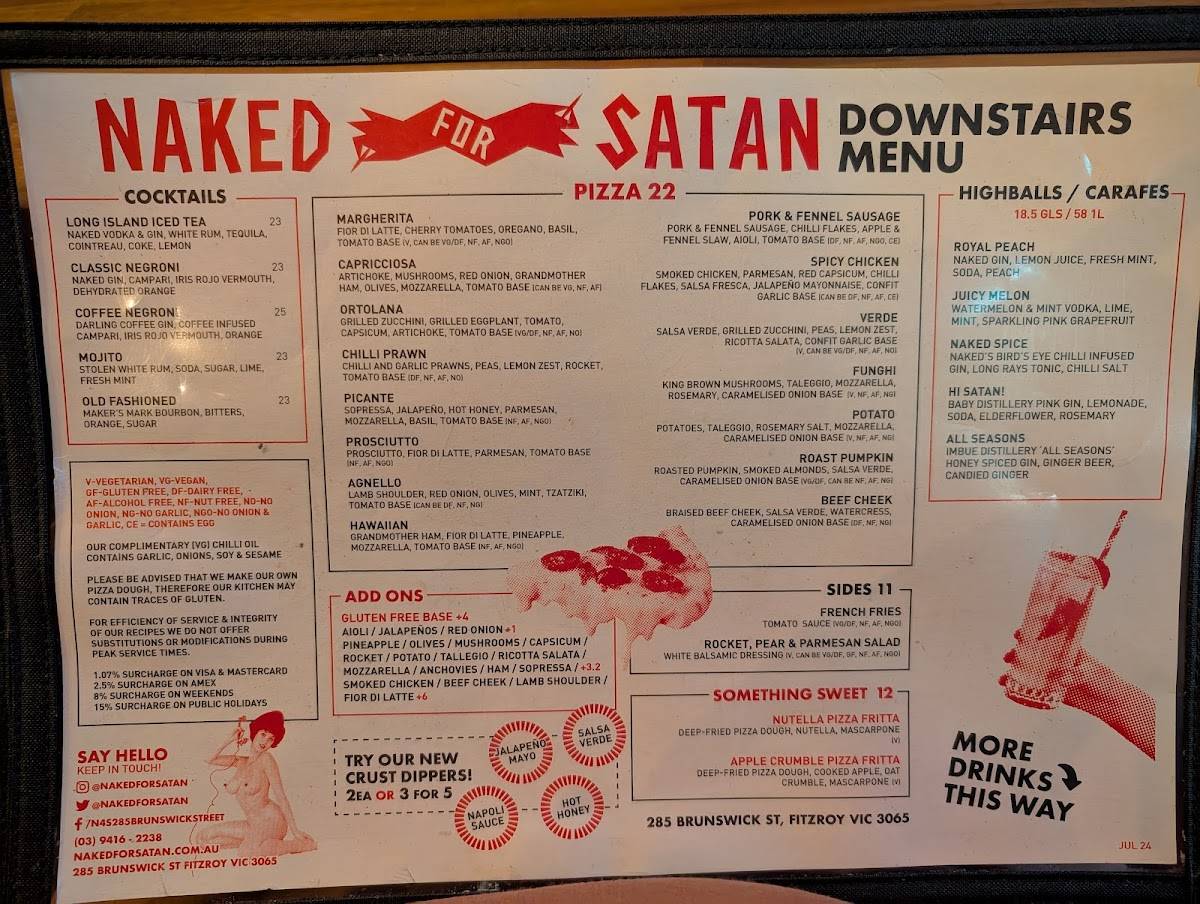 Menu at Naked For Satan pub & bar, Fitzroy
