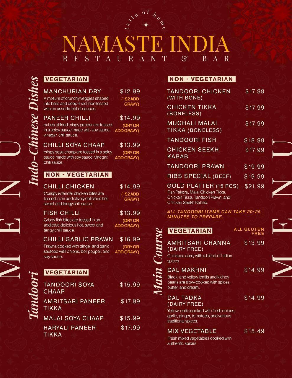 Menu at Namaste India Restaurant & Bar, Medicine Hat