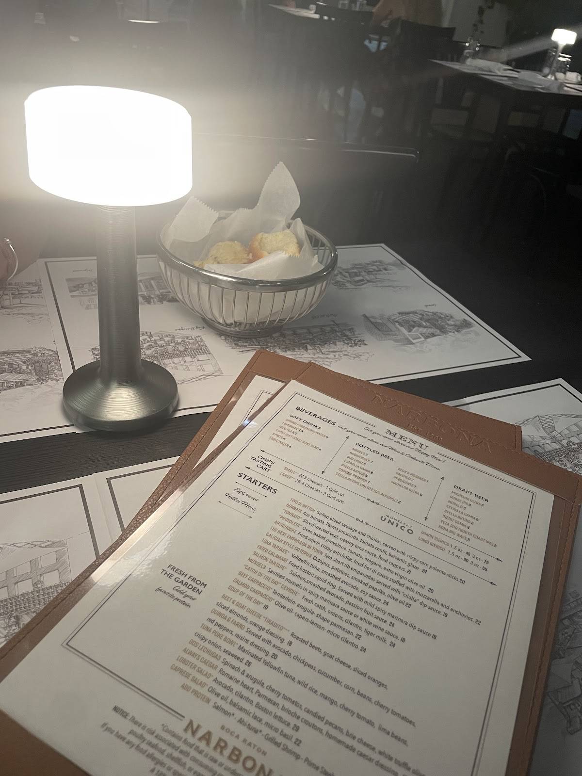 Menu at Narbona restaurant, Boca Raton
