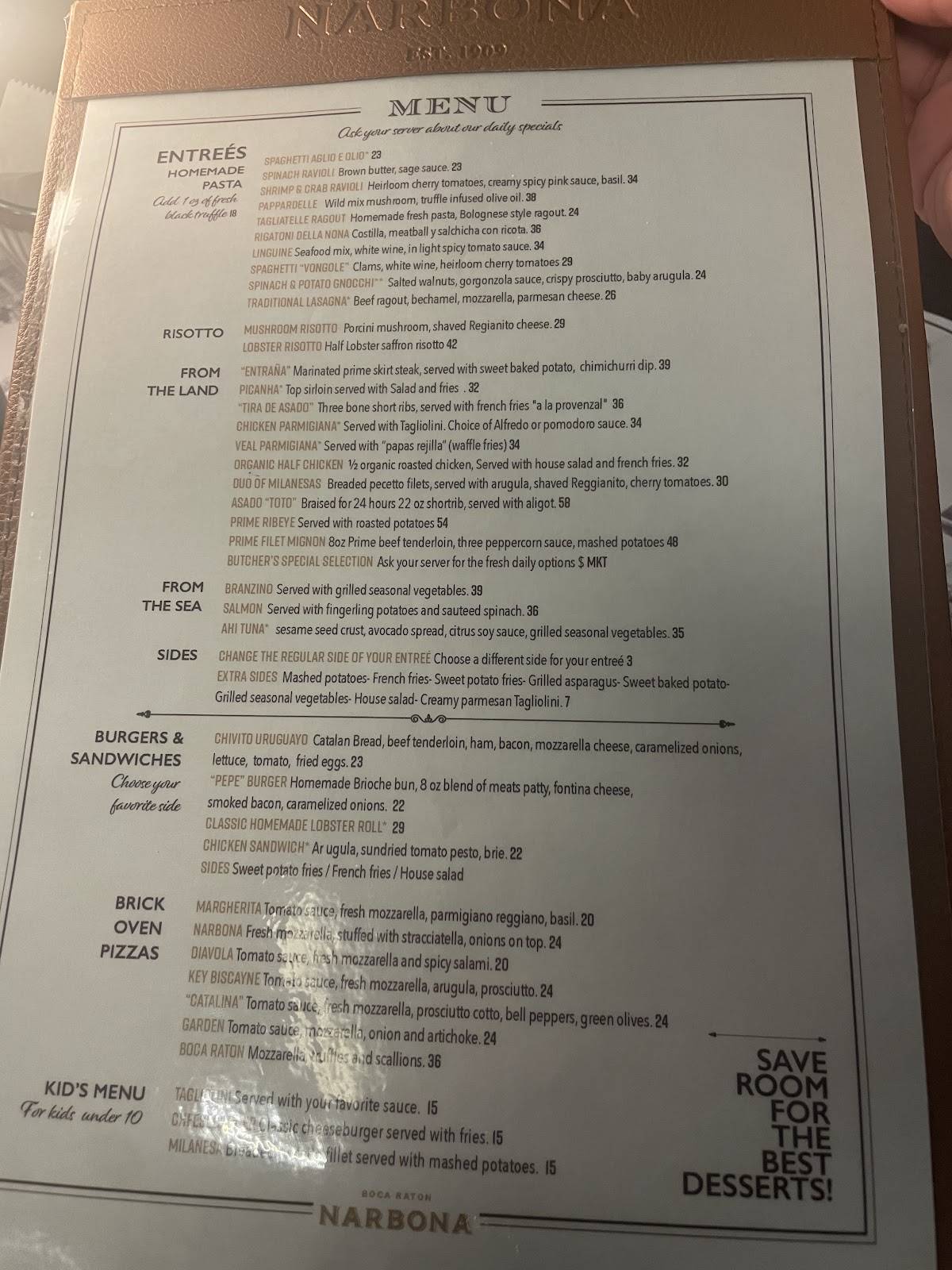 Menu at Narbona restaurant, Boca Raton