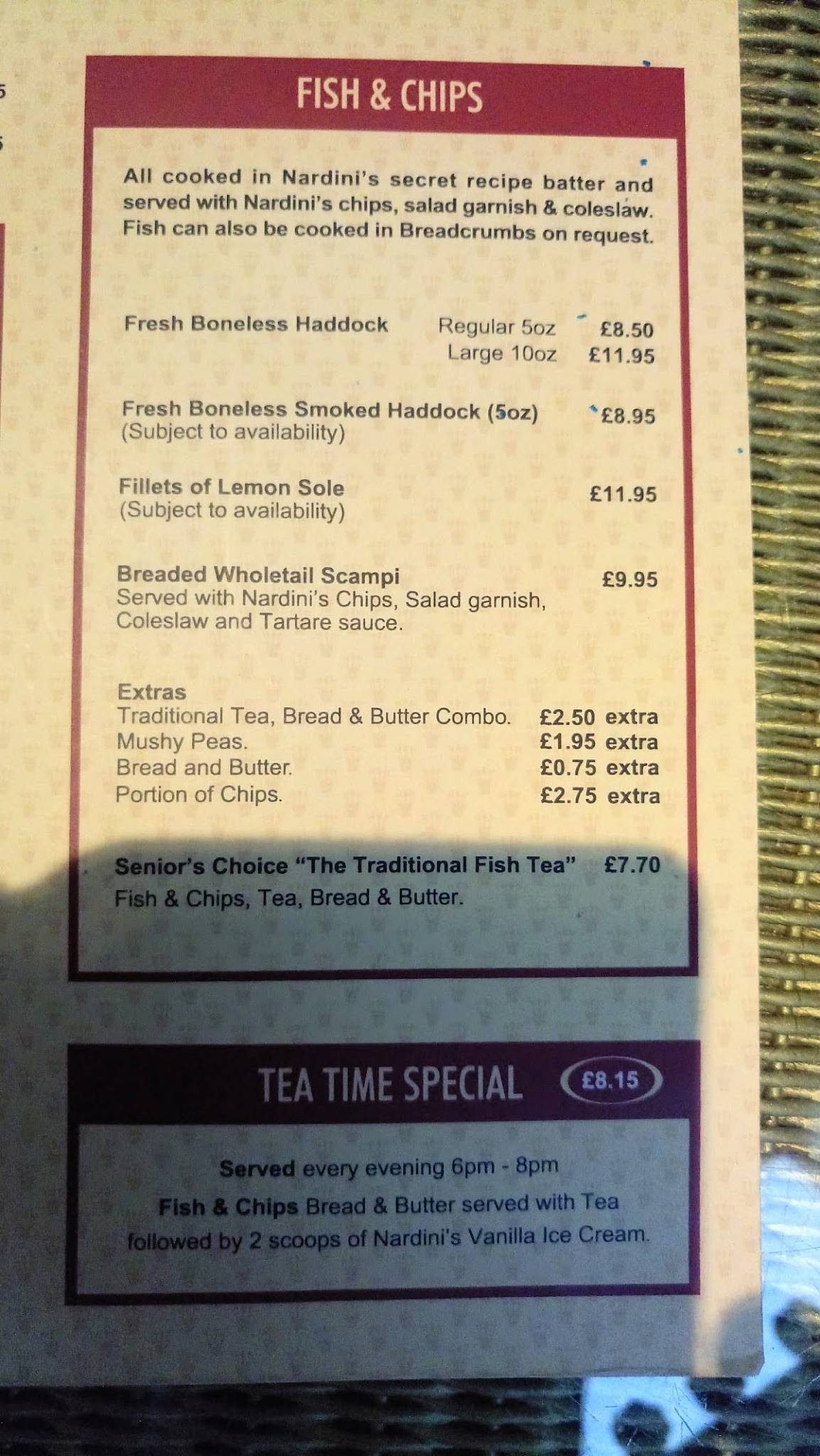 Menu at Nardini's cafe, Largs