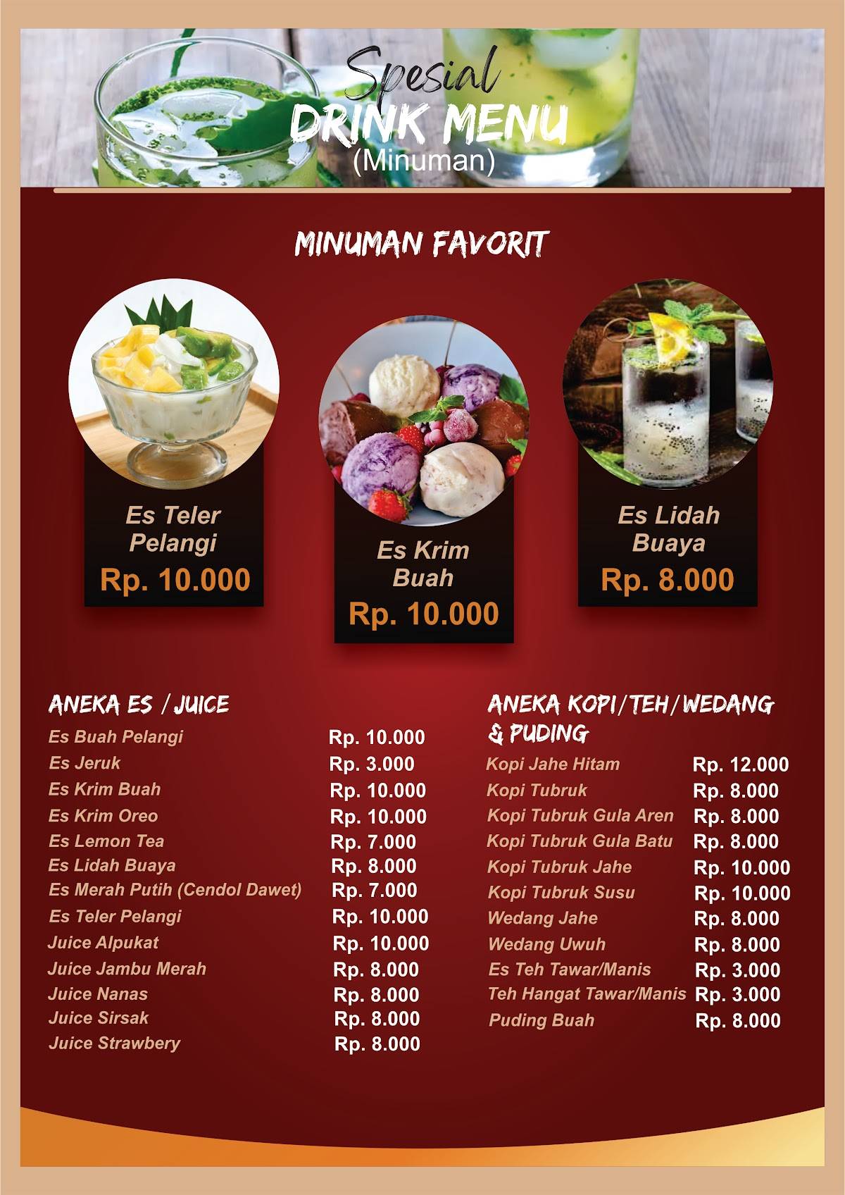 Menu at Nasi Goreng Merah Putih Tempuran restaurant, Indonesia