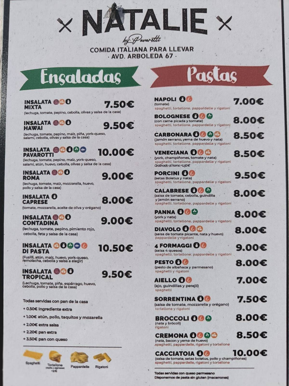 Carta de pizzería Natalie By Pavarotti, Lepe