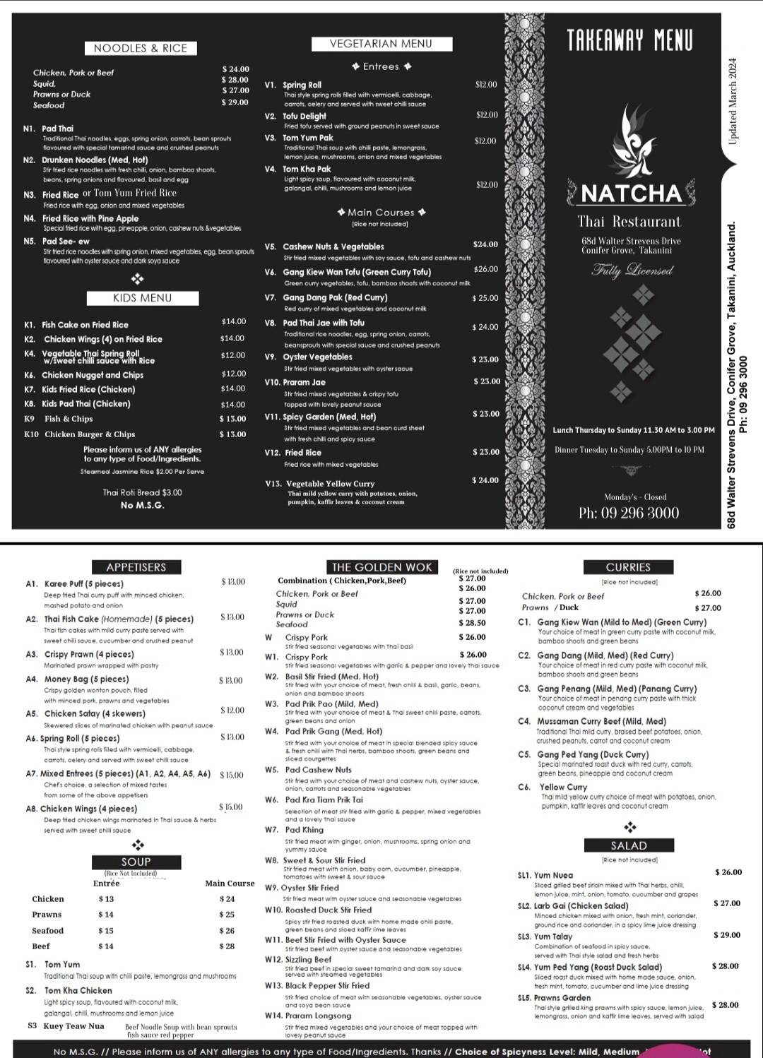 Menu at Natcha Thai Restuarant restaurant, Takanini