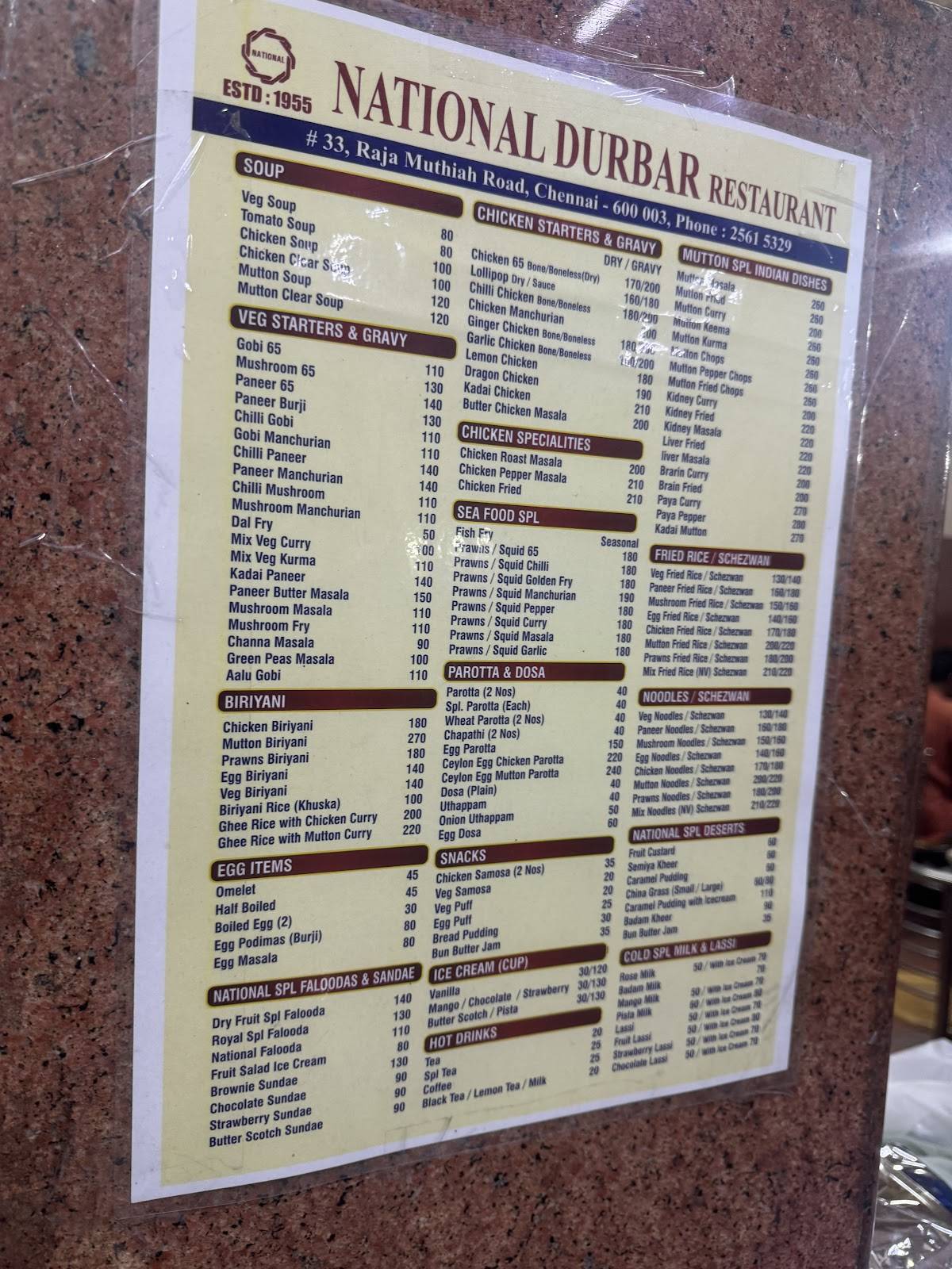 Menu at National Durbar Restaurant, Chennai, 33