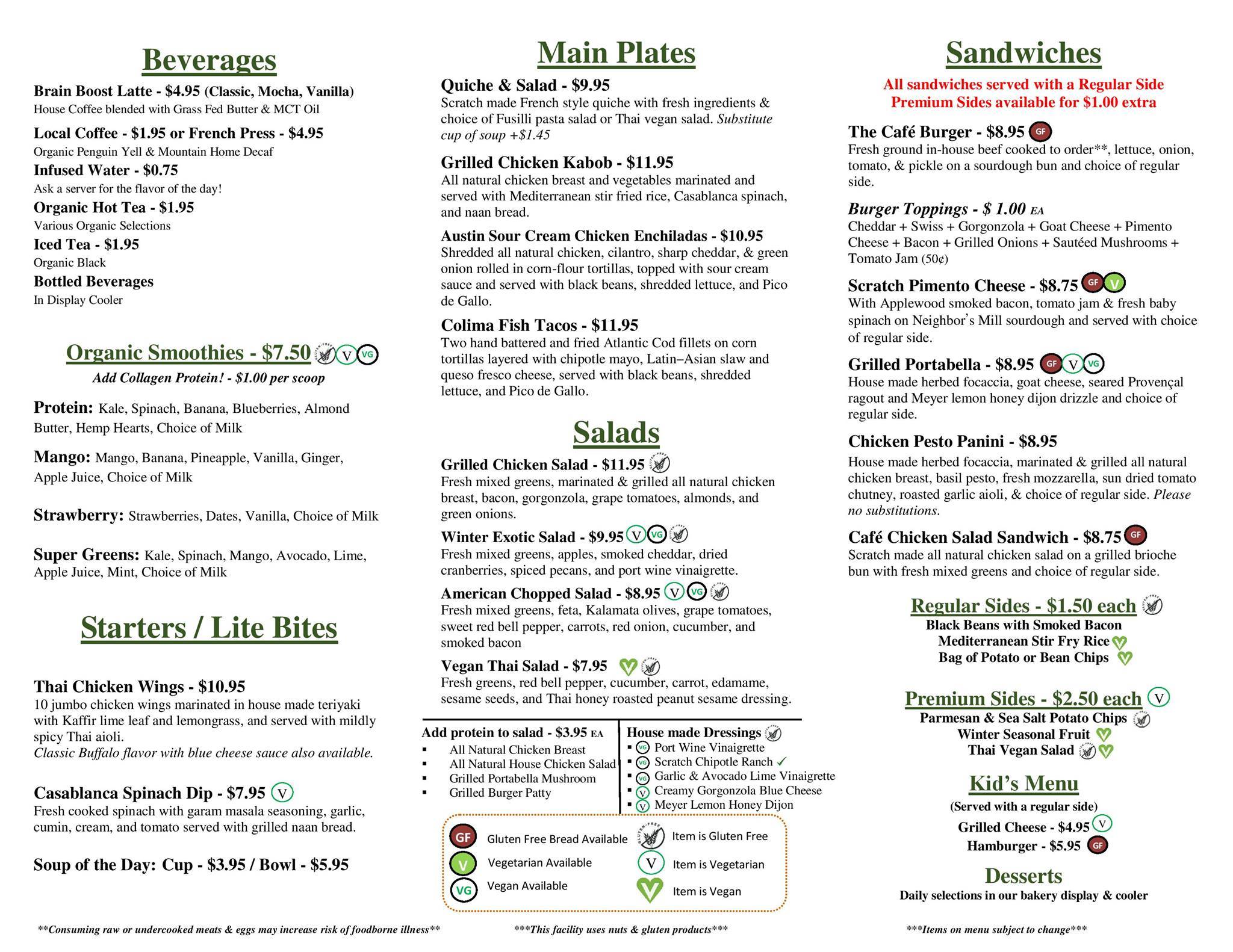 Menu at Nature's Way Cafe, Mountain Home