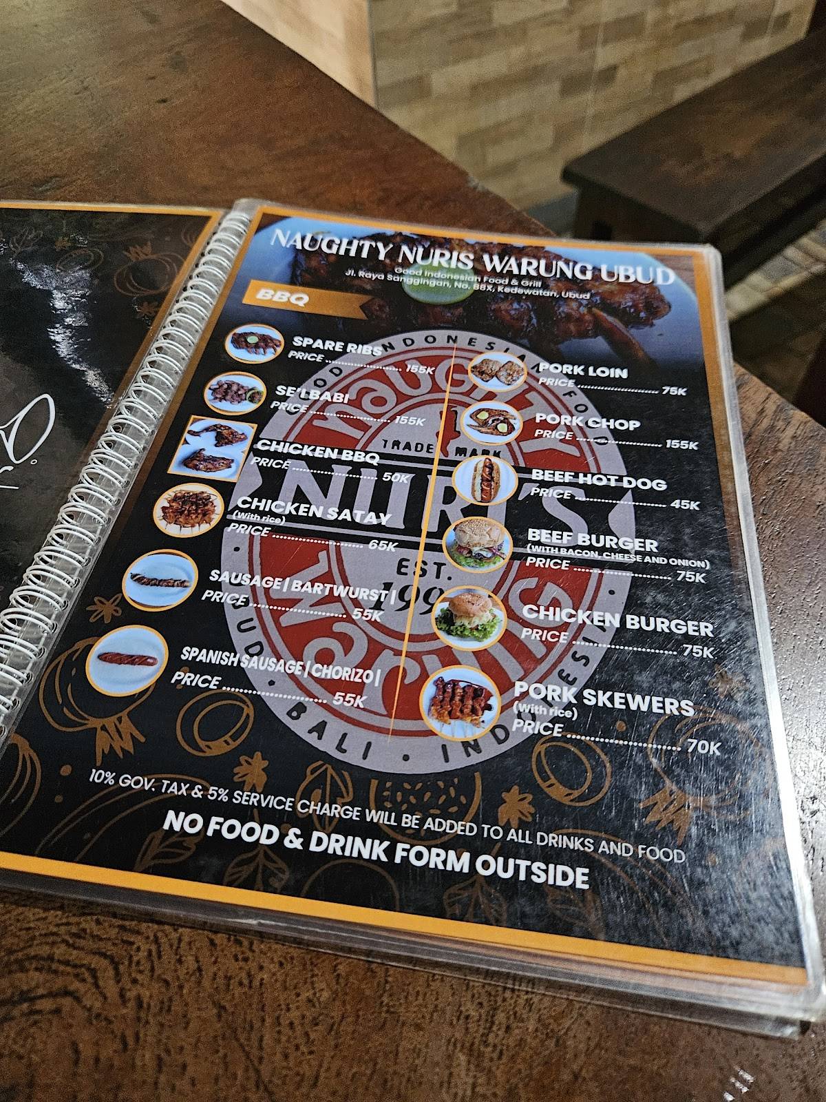 Menu at Naughty Nuri's Ubud restaurant, Ubud