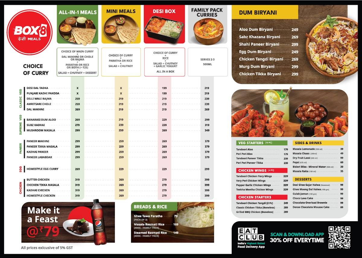 Menu at BOX8 - India's Largest Desi Meals Brand, Navi Mumbai, Shop Number 5