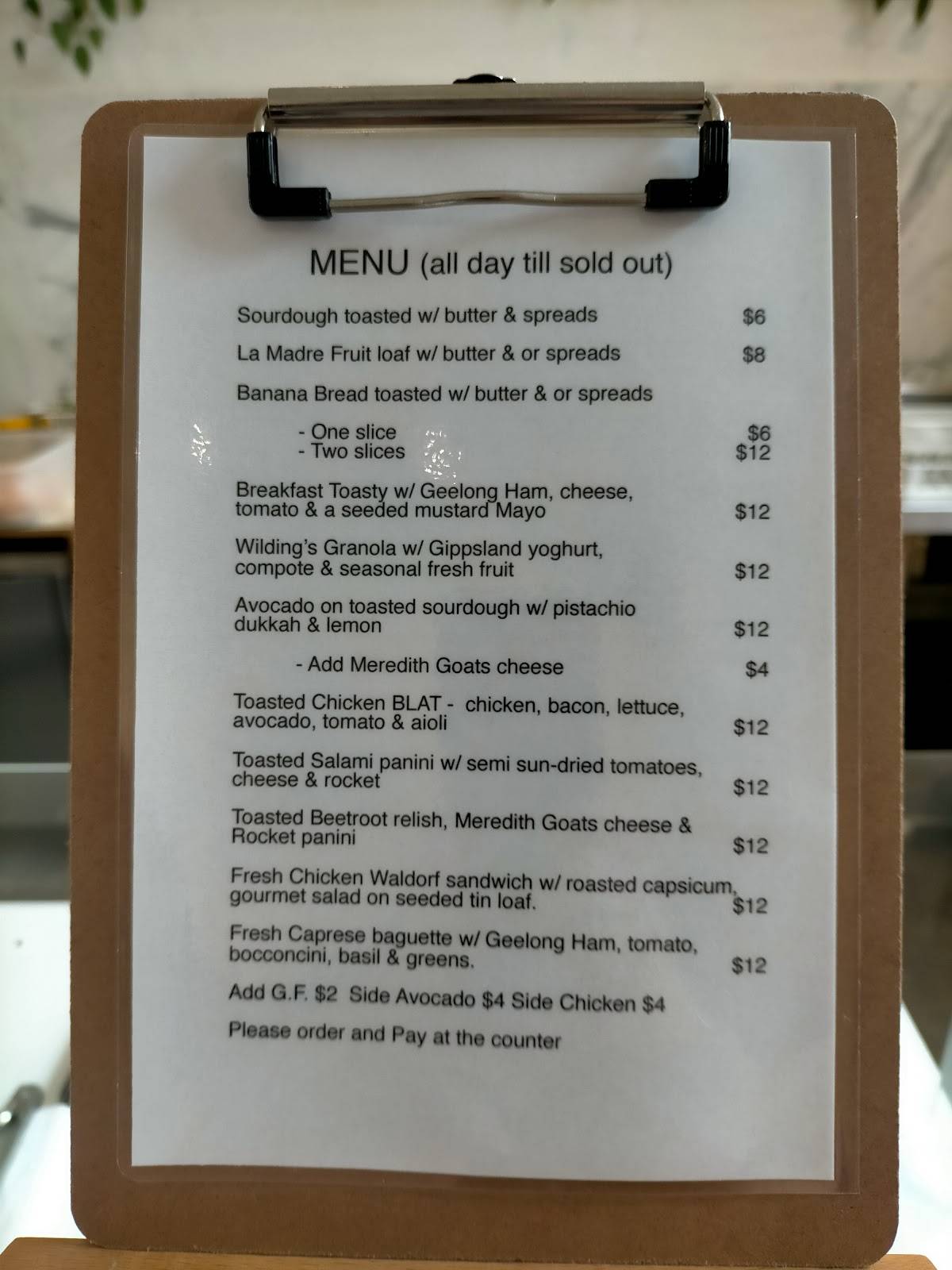 Menu at Neck of the Woods cafe, Geelong