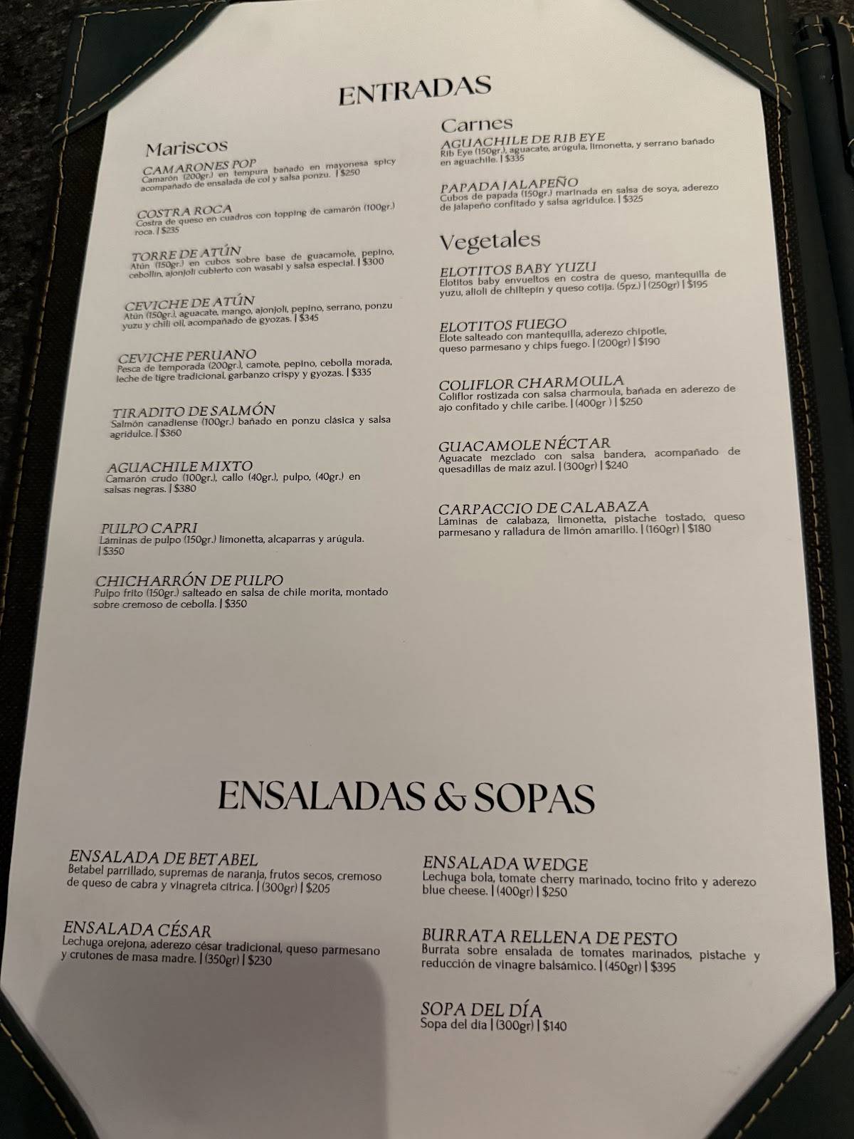 Carta del restaurante Néctar, Hermosillo