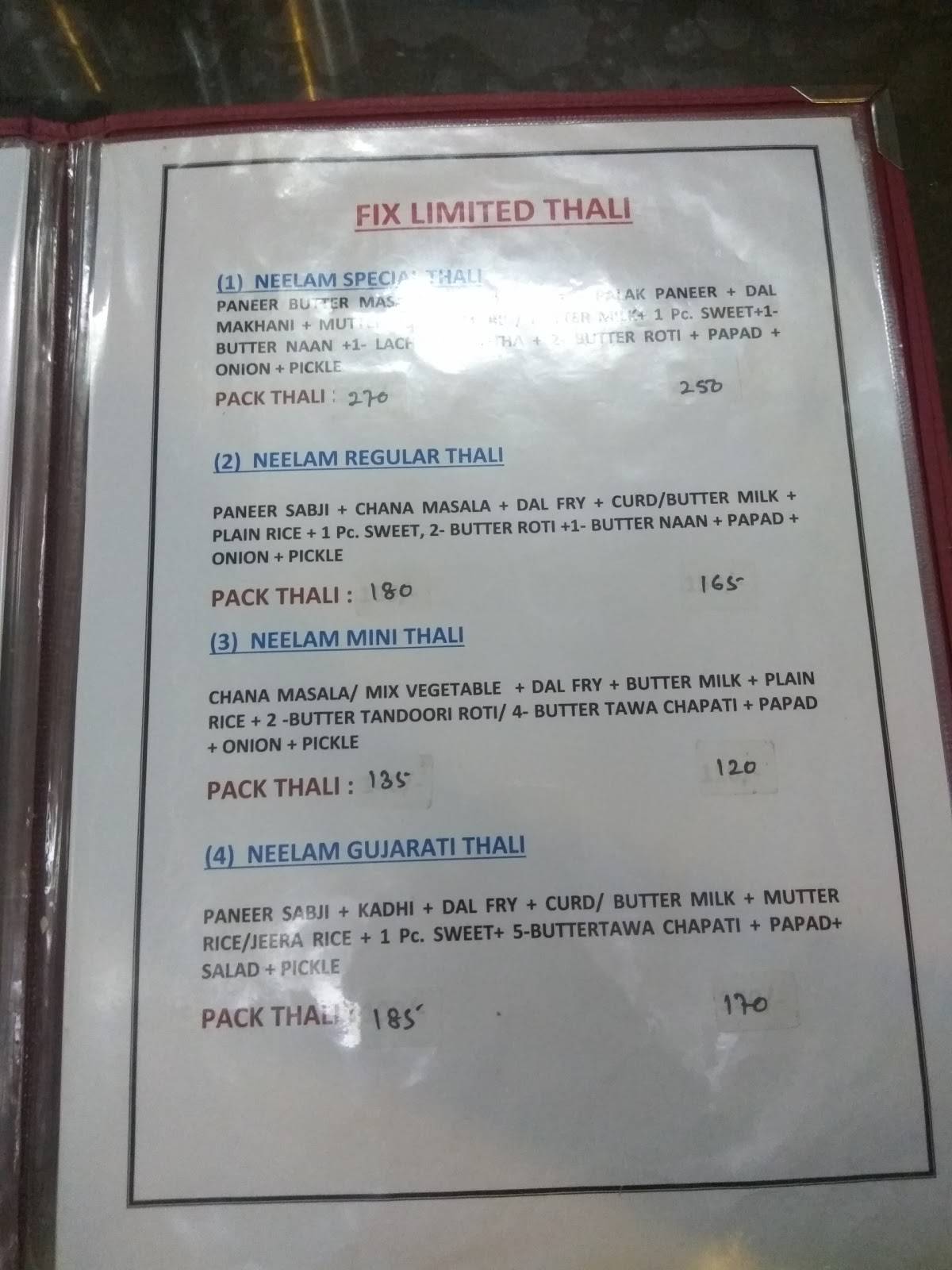 Menu at Neelam Restaurant, Udaipur, 8-A