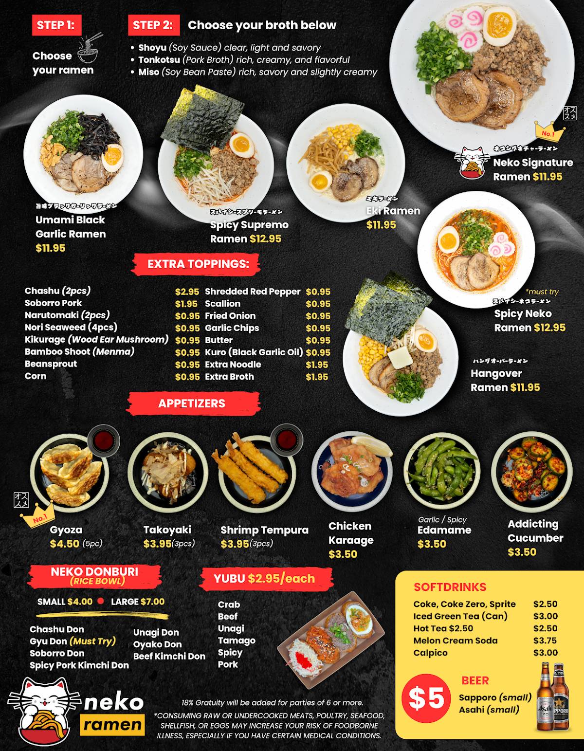Menu at Neko Ramen restaurant, Las Vegas