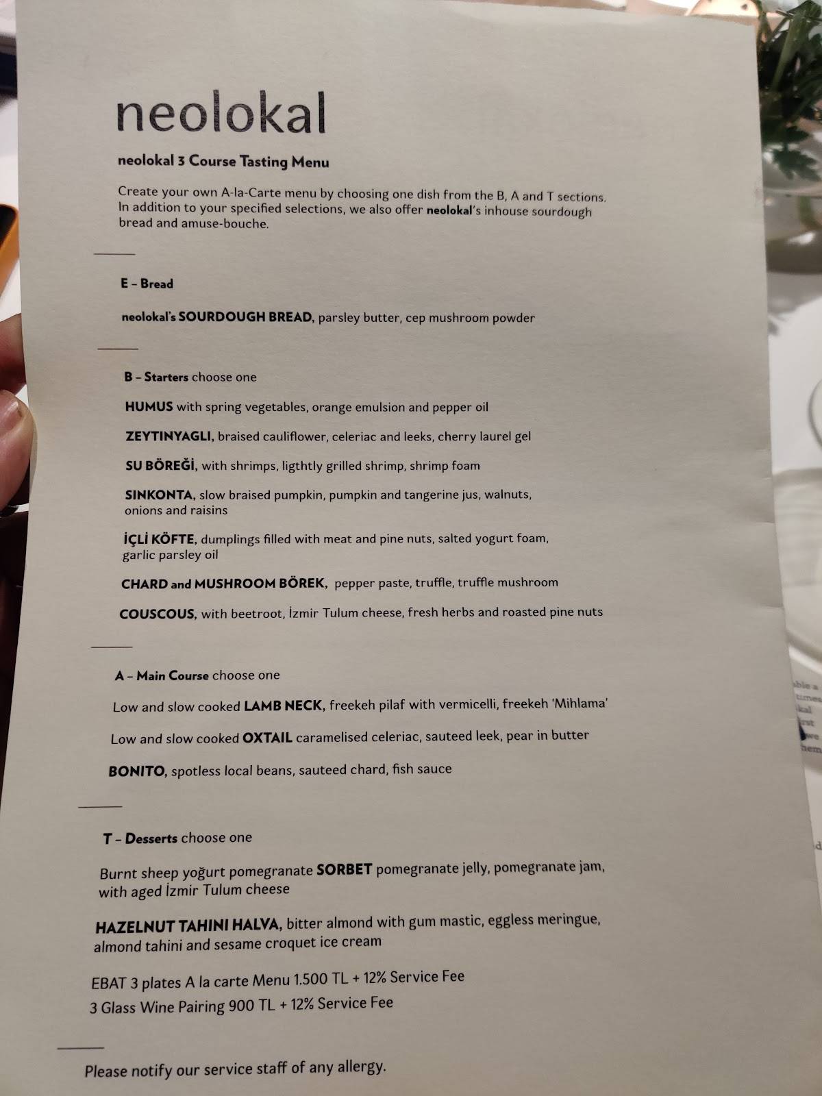 Menu at Neolokal, Istanbul, Mahı