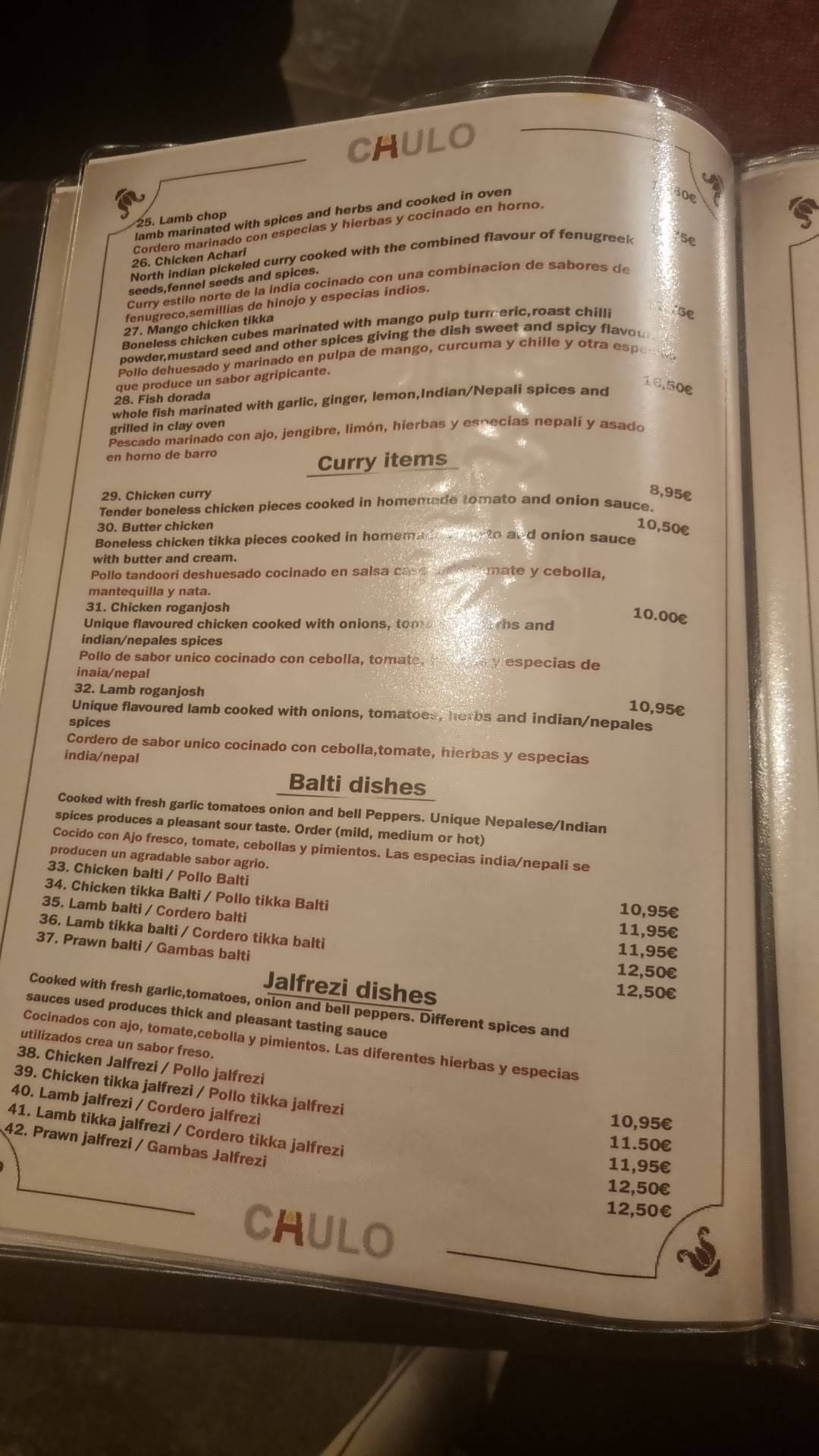 Menu at Nepali Chulo restaurant, Benidorm