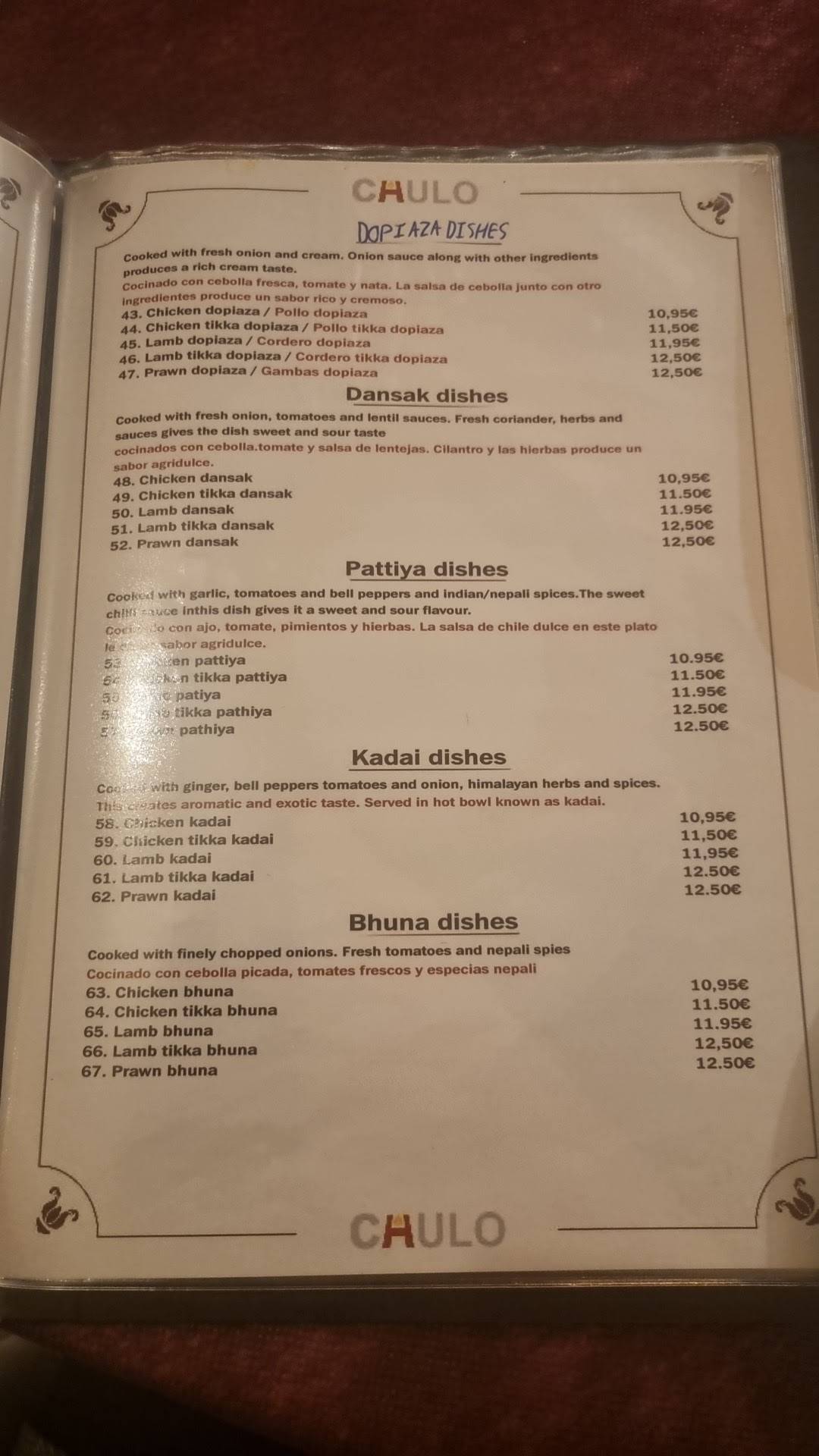 Menu at Nepali Chulo restaurant, Benidorm