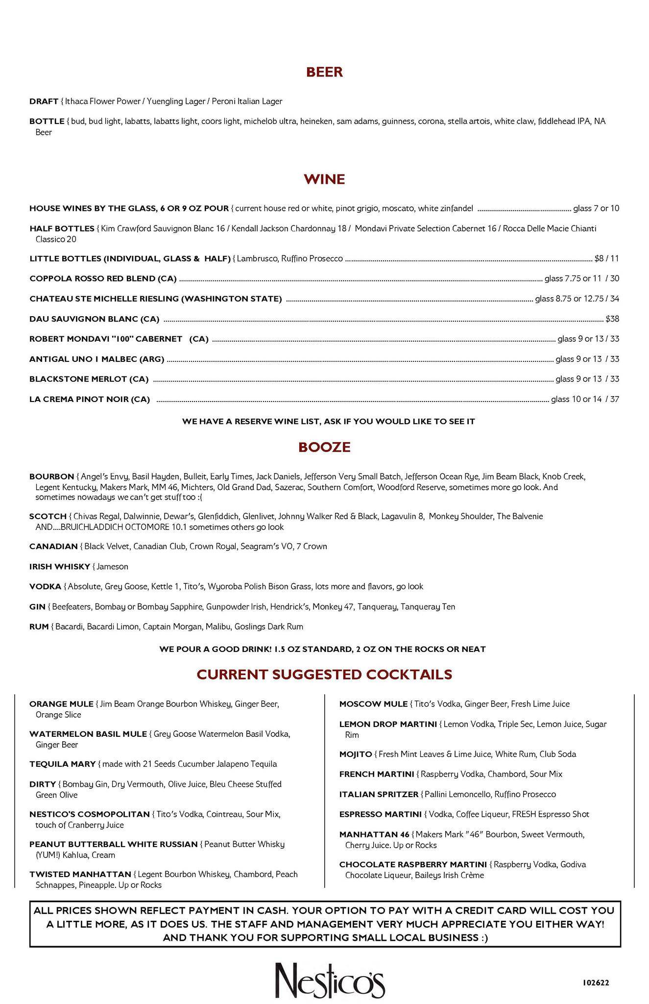 Menu at Nestico's restaurant, North Syracuse