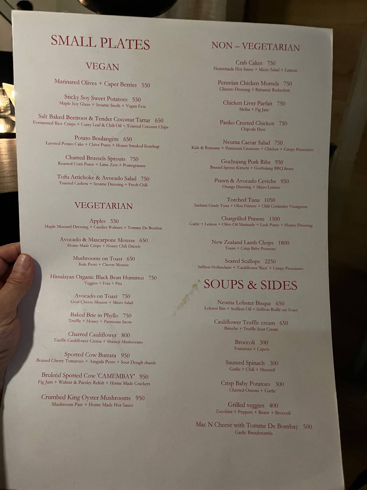 Menu at Neuma, Mumbai