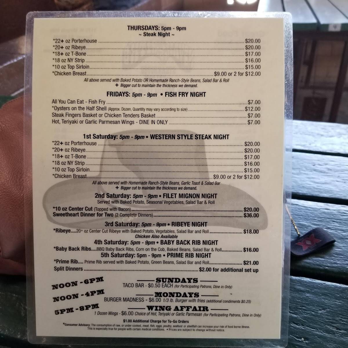 Menu at Nevada Smith's Saloon pub & bar, Tucson