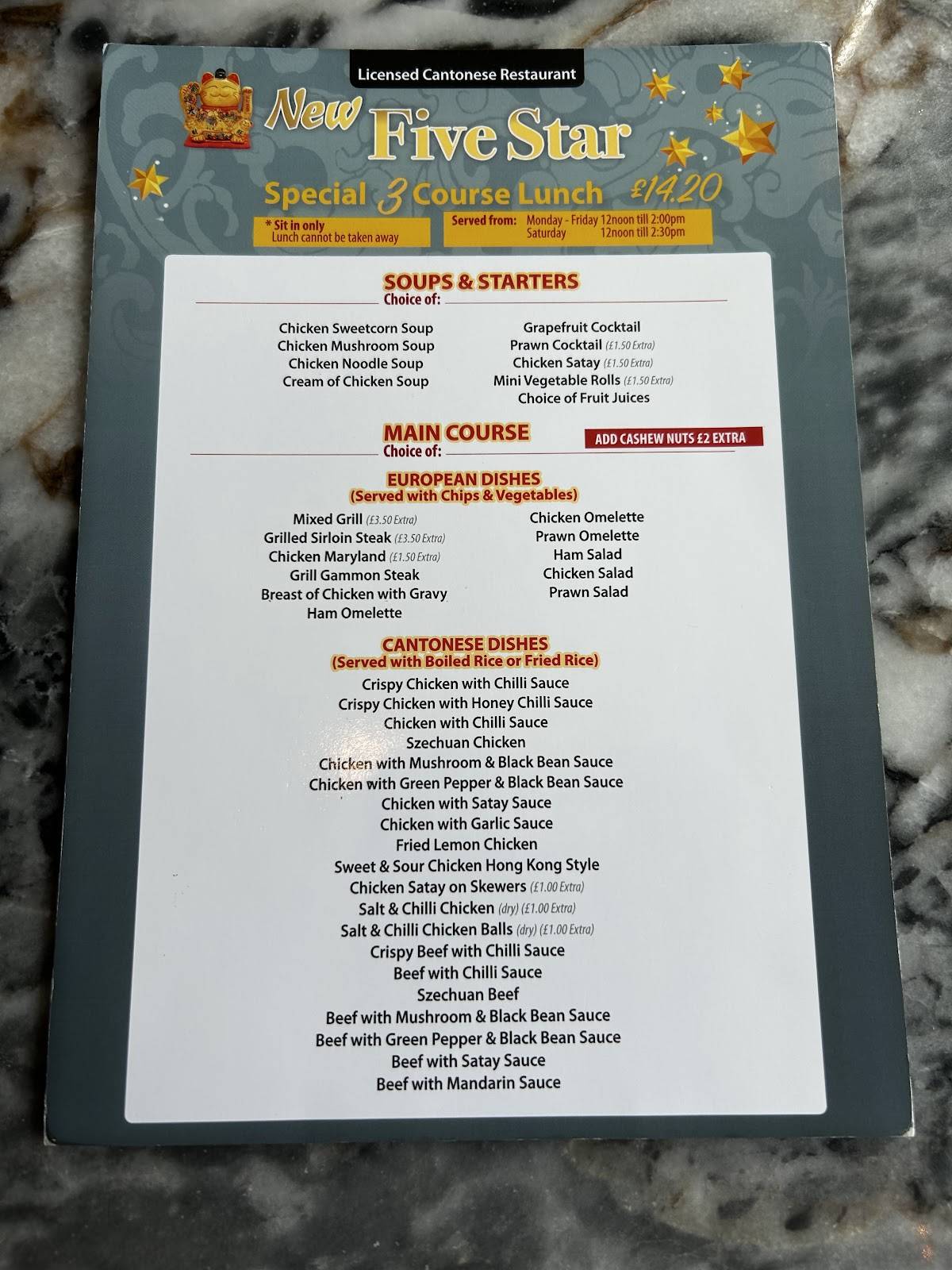 Menu at New Five Star Restaurant, Kilmarnock