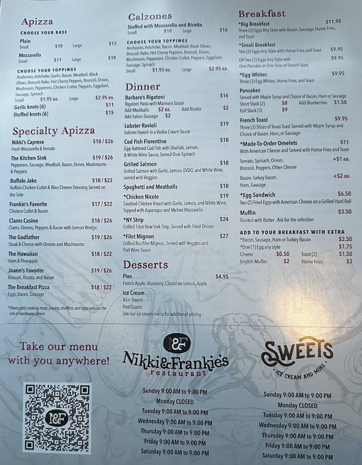 Menu at Nikki & Frankie's restaurant, New Haven