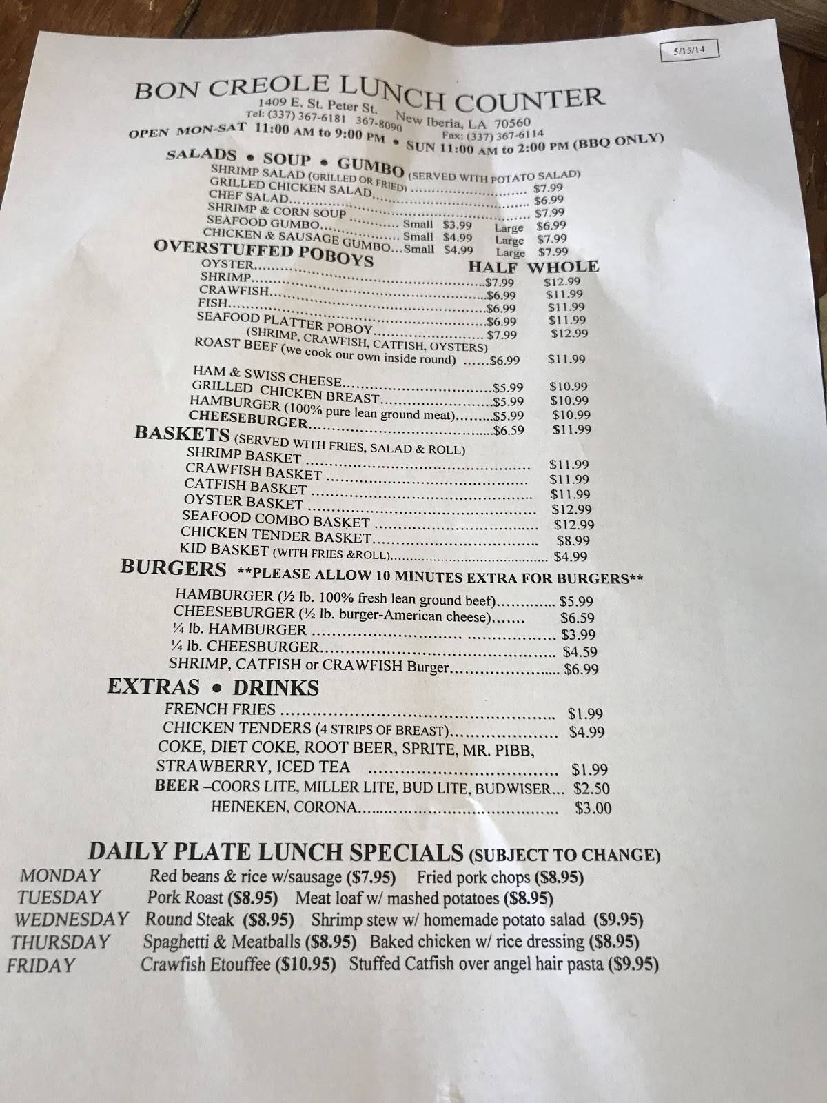 Menu at Bon Creole restaurant, New Iberia