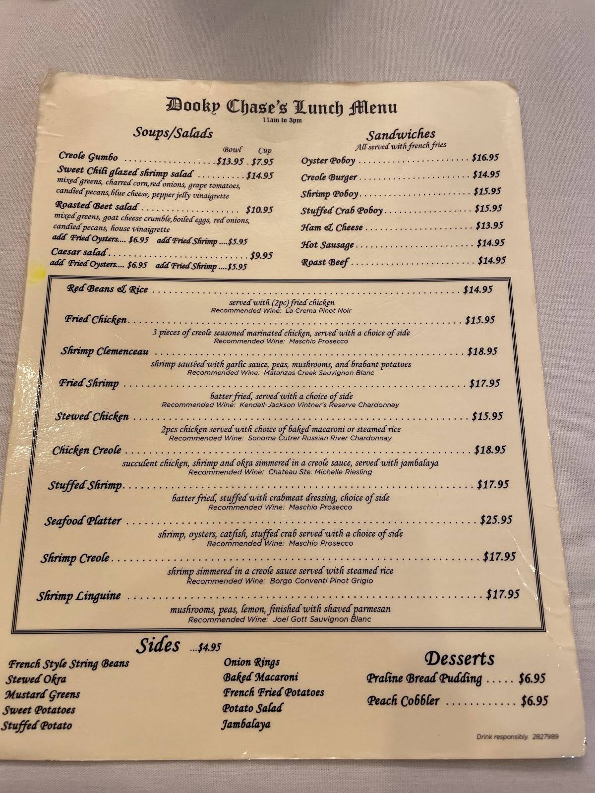 Menu at Dooky Chase Restaurant, New Orleans
