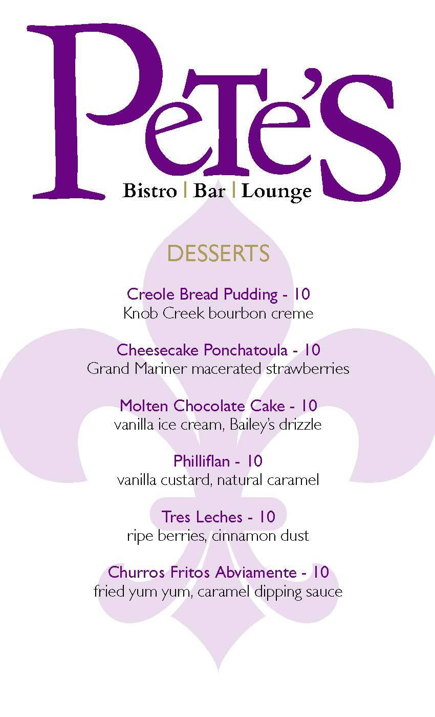 Menu at Pete's pub & bar, New Orleans, 444 St Charles Ave