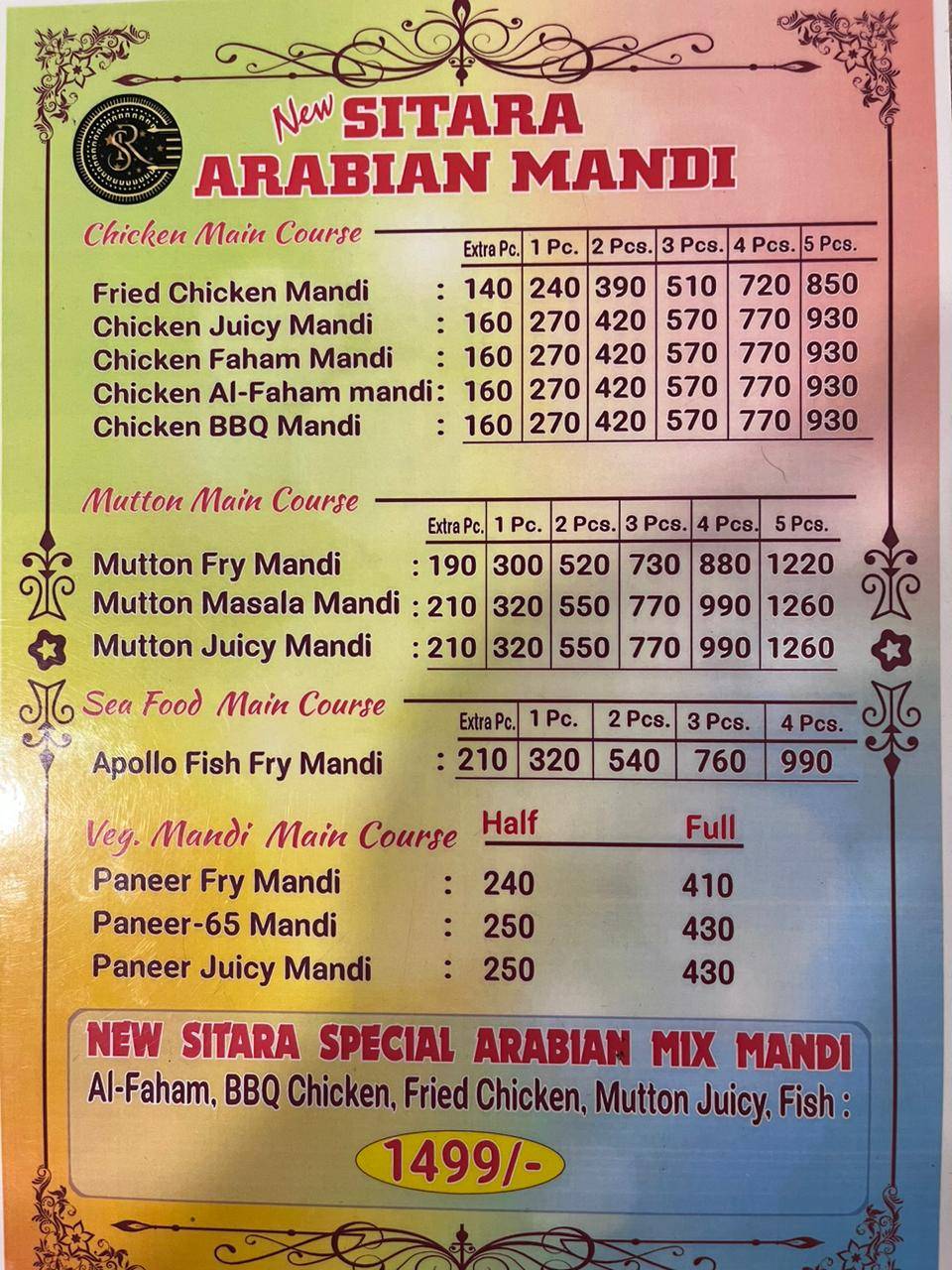Menu at New Sitara Restaurant & Arabian Mandi, Secunderabad