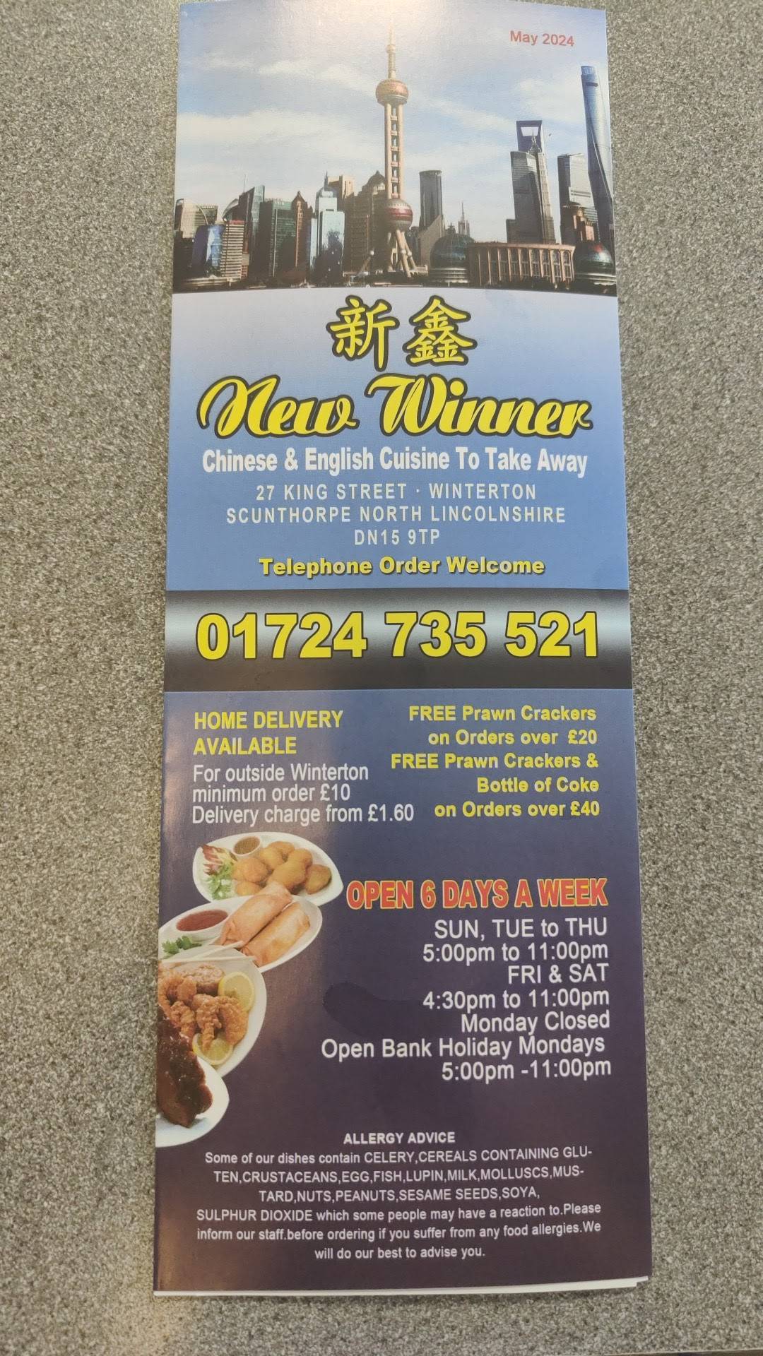 Menu at New Winner fast food, Scunthorpe