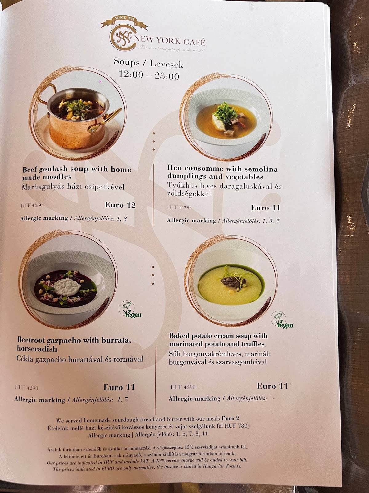 Menu at New York Café cafe, Budapest, Erzsébet krt. 9-11