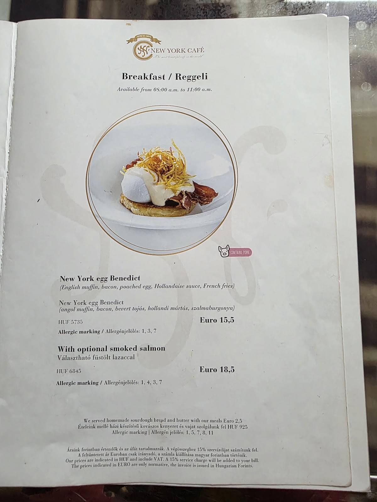 Menu at New York Café cafe, Budapest, Erzsébet krt. 9-11