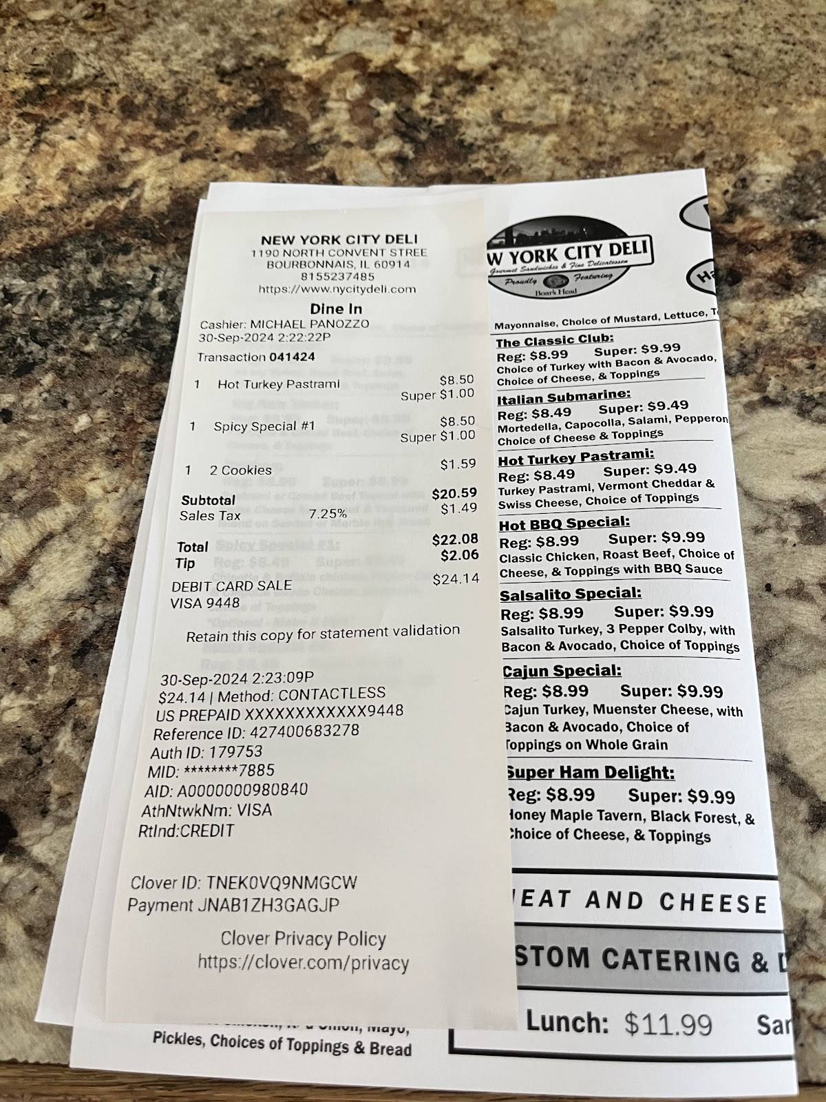 Menu at New York City Deli restaurant, Bourbonnais