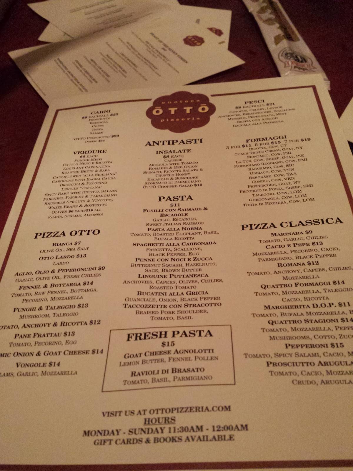 Menu at Otto Enoteca Pizzeria, New York City