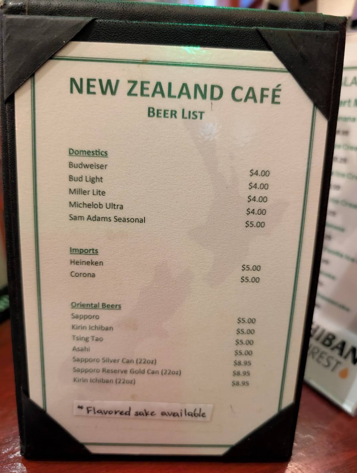 Menu at New Zealand Cafe, Charlotte