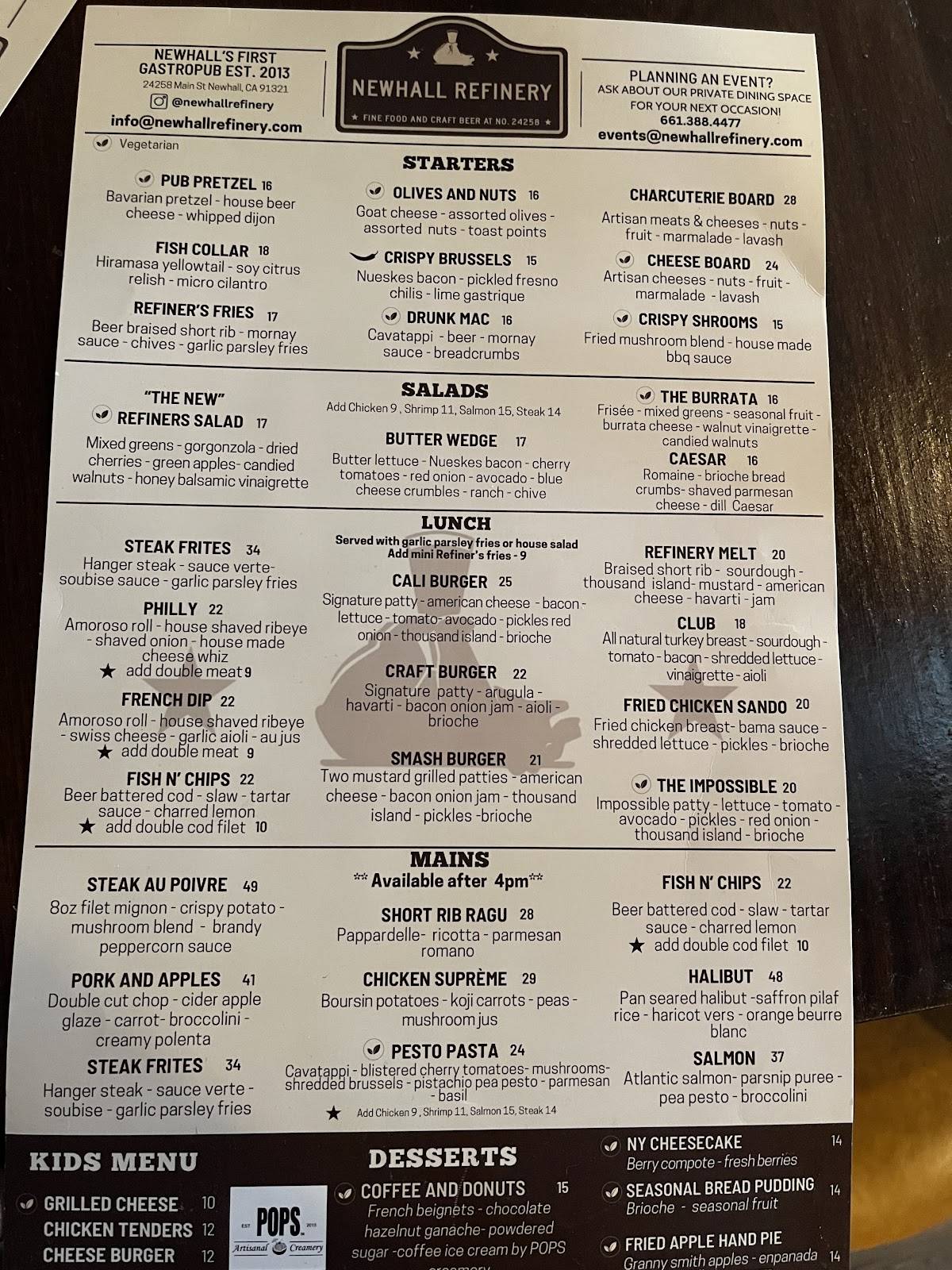 Menu at Newhall Refinery restaurant, Santa Clarita