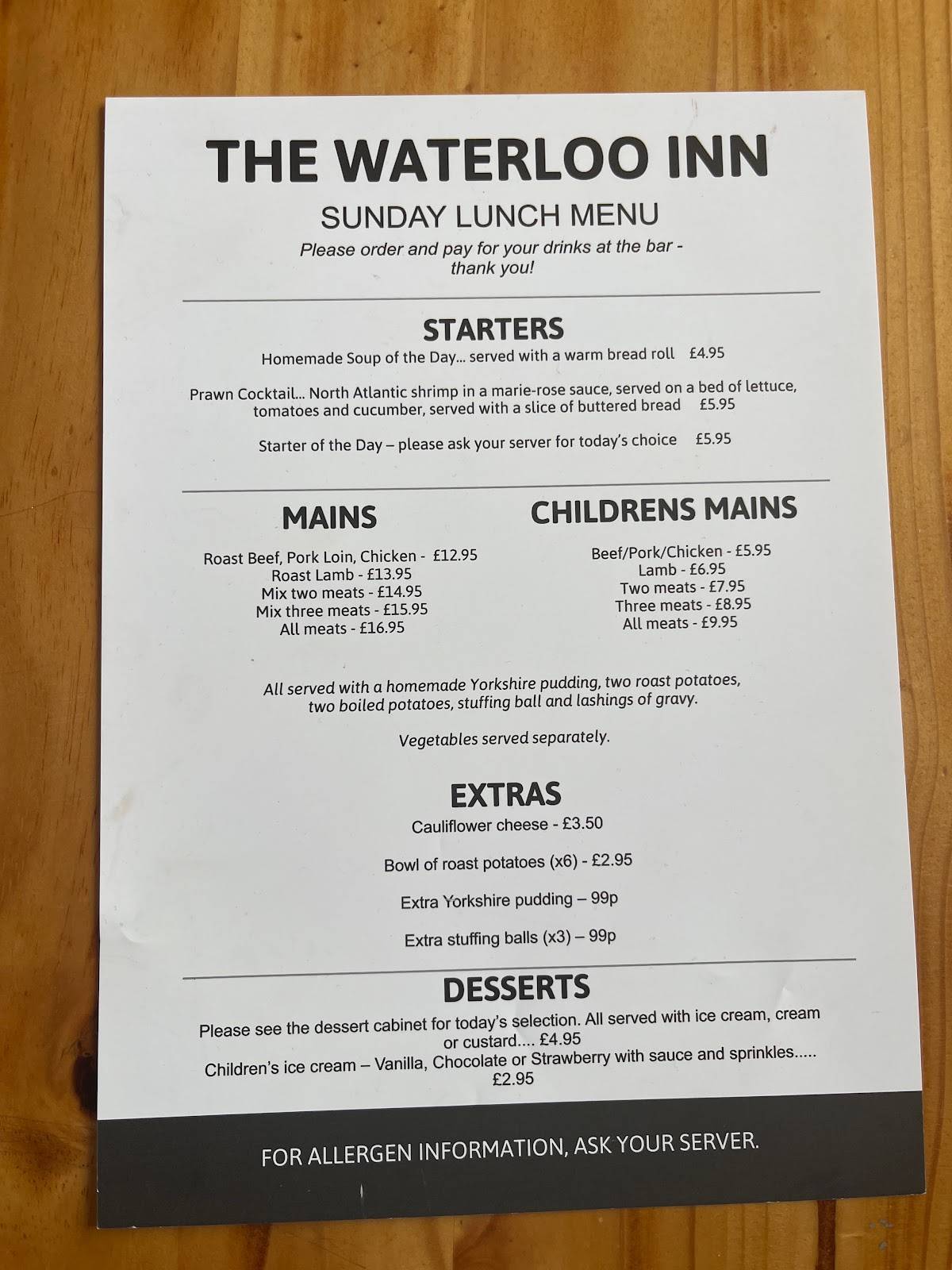 Menu at Waterloo Inn pub & bar, Newport, St Mary's Rd
