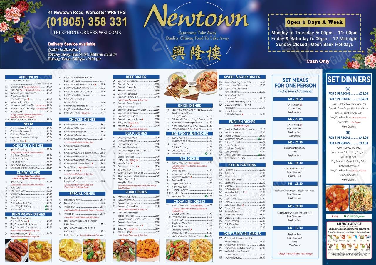 Menu at Newtown Road Cantonese Takeaway fast food, Worcester