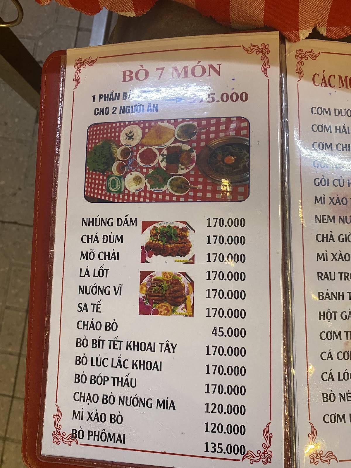 Menu at Nhà Hàng Bò 7 Món restaurant, Ho Chi Minh City