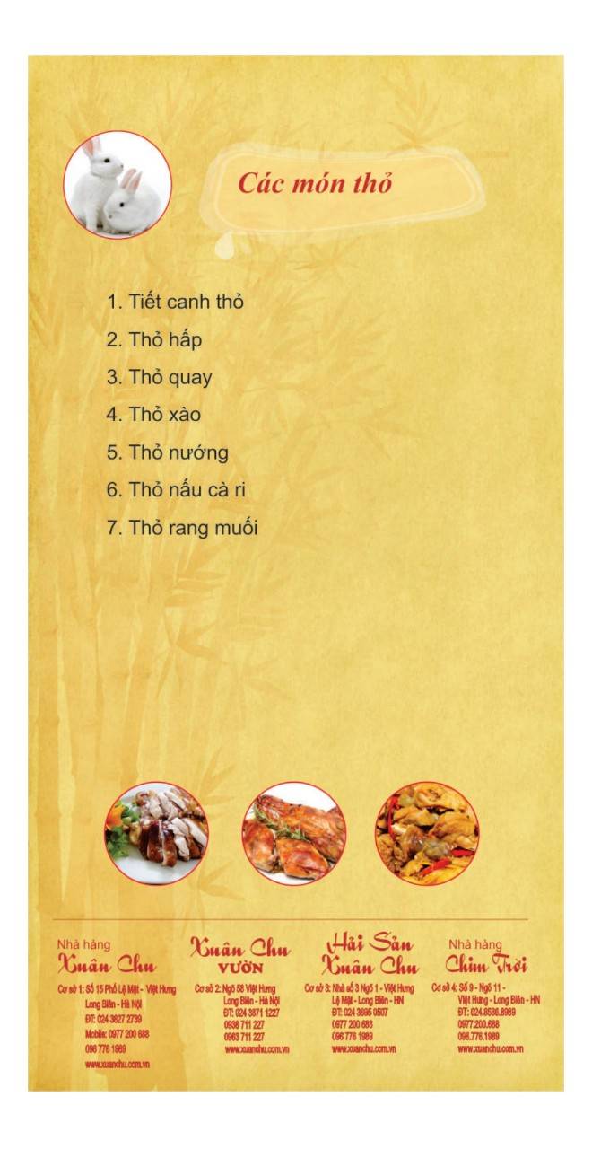 Menu at Nhà hàng Xuân Chu restaurant, Hanoi