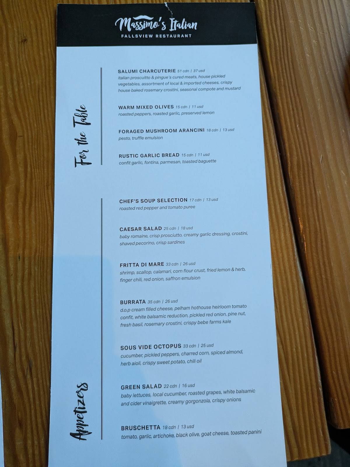 Menu at Massimo’s Italian Fallsview Restaurant, Niagara Falls