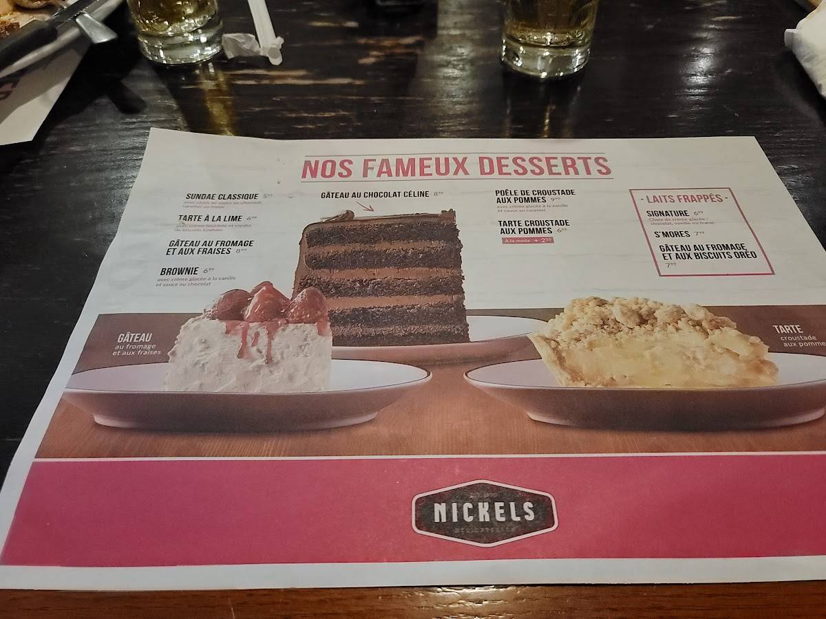 Menu au Nickels Deli restaurant, Laval, Boul. le Corbusier