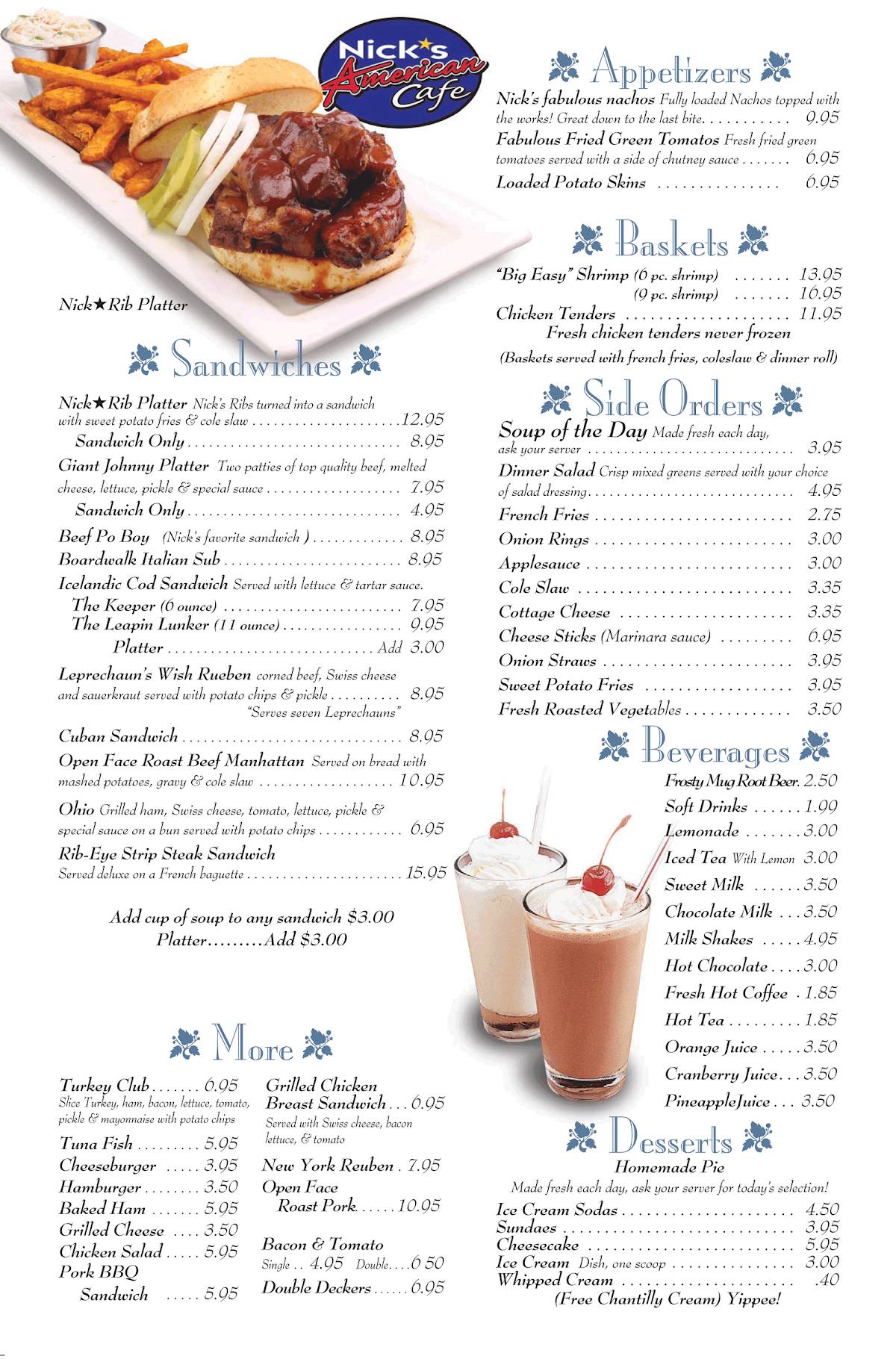 Menu at Nick's American Cafe, Cleves