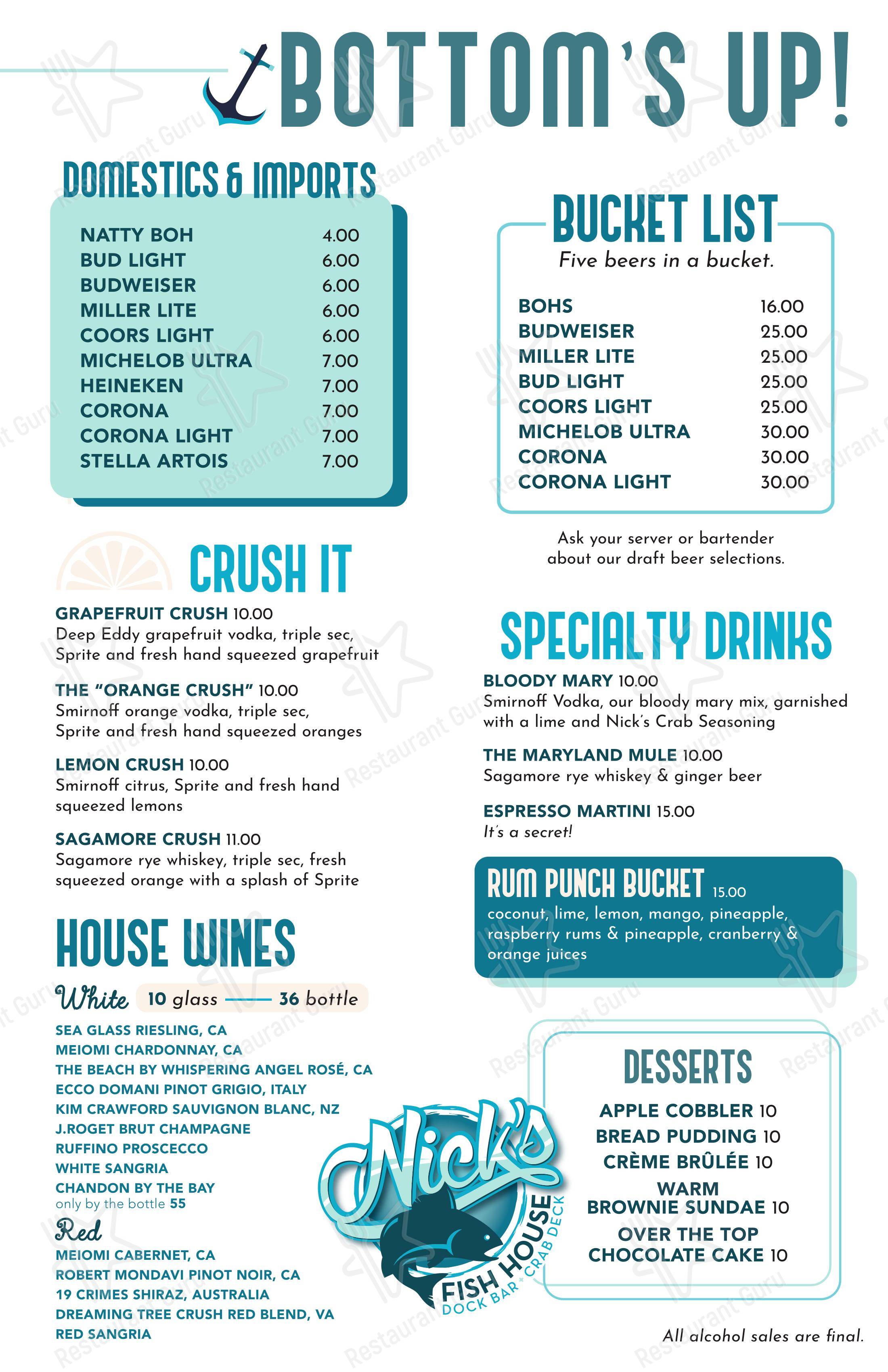 Menu at Nick's Fish House restaurant, Baltimore