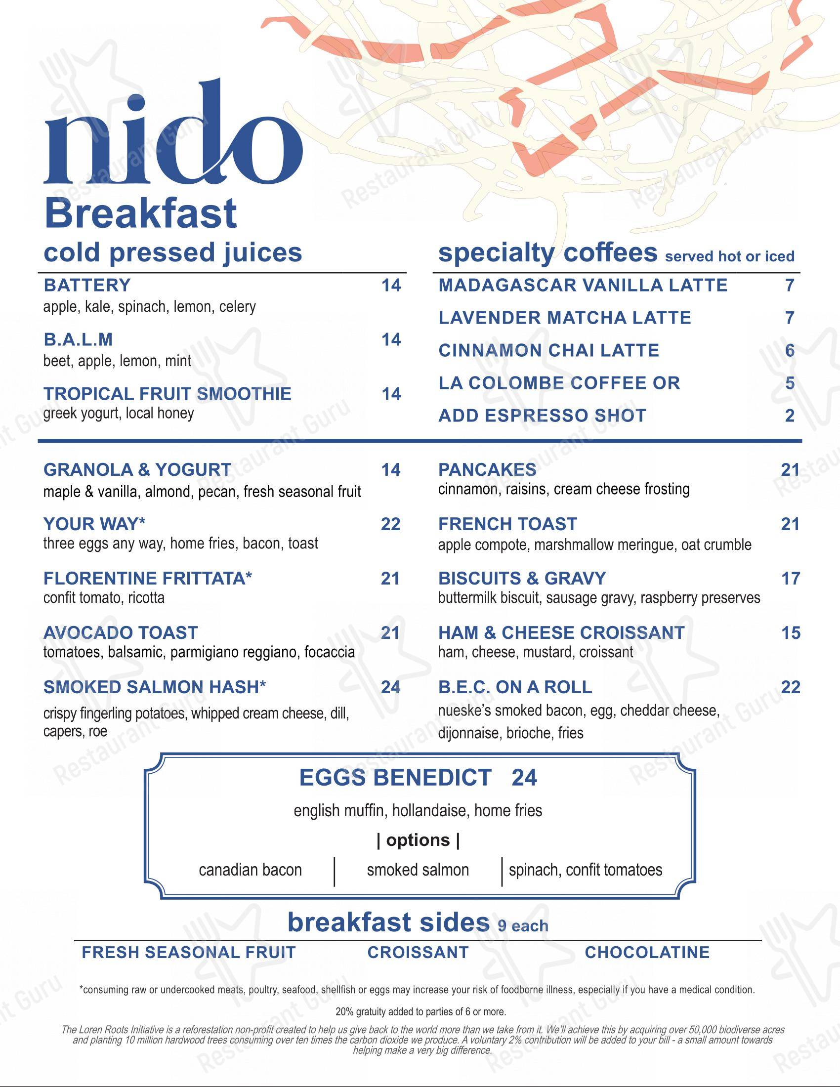 Menu at Nido restaurant, Austin
