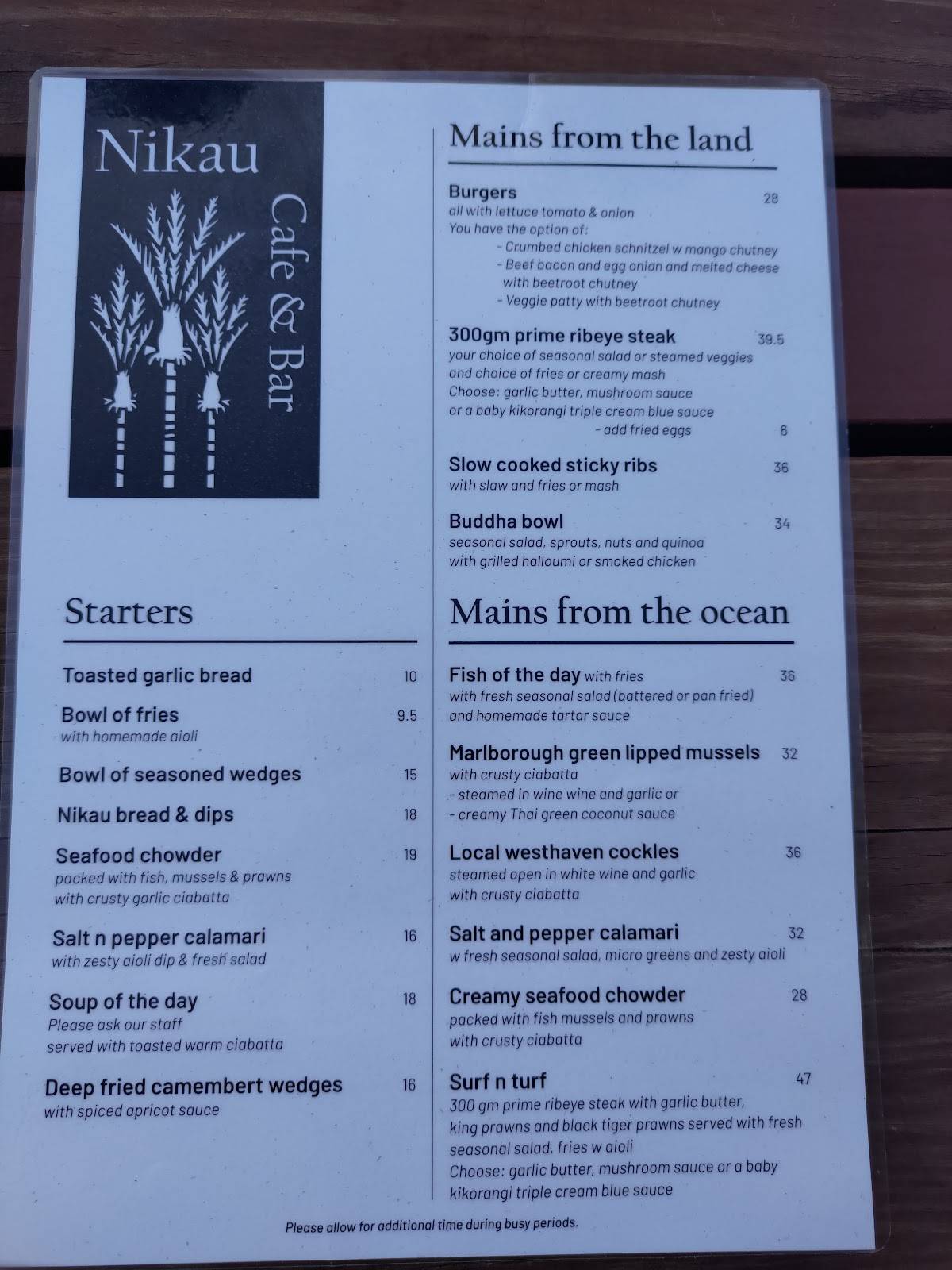 Menu at Nikau Cafe & Bar, Pohara