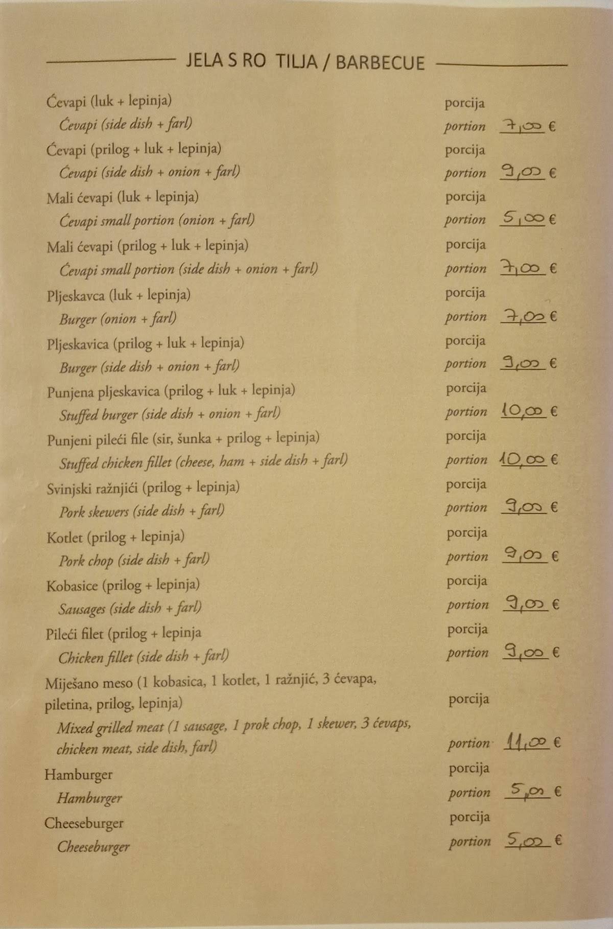 Menu at Niki Grill restaurant, Zagreb