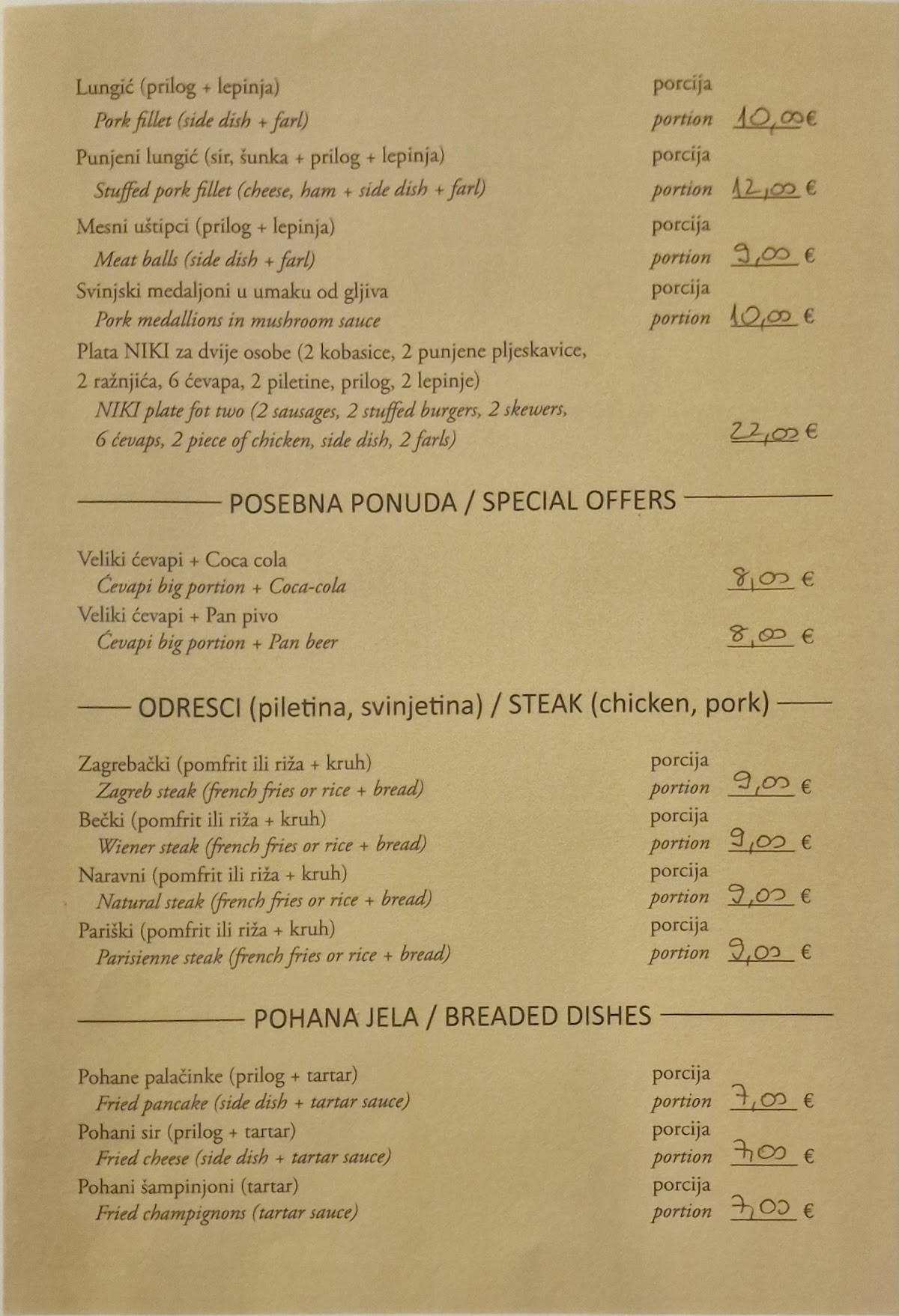 Menu at Niki Grill restaurant, Zagreb
