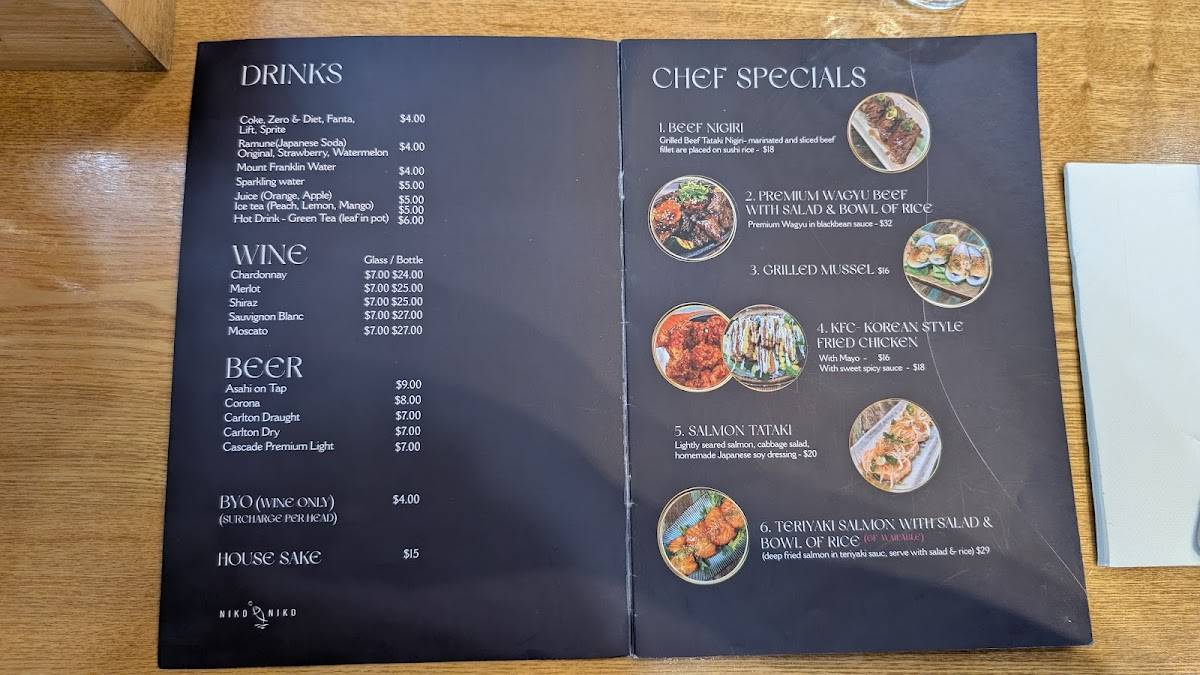 Menu at Niko Niko Echuca restaurant, Echuca