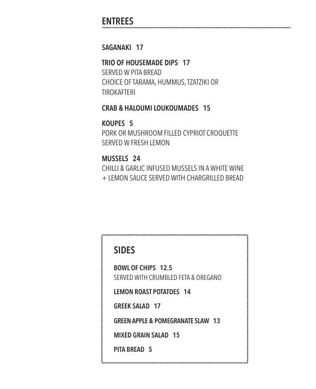 Menu at Nikos Fairfield cafe, Fairfield